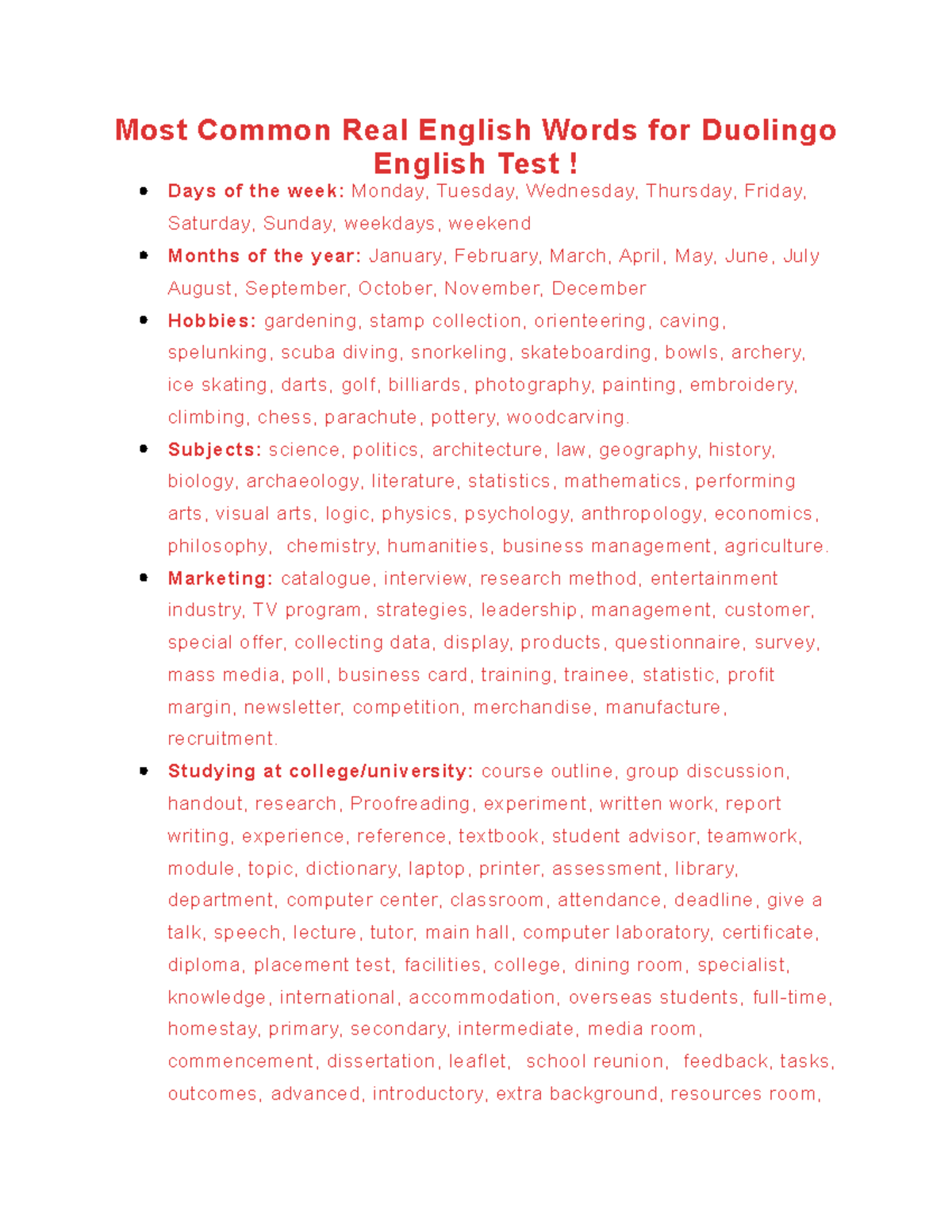 Most Common Real English Words For Duolingo English Test Subjects