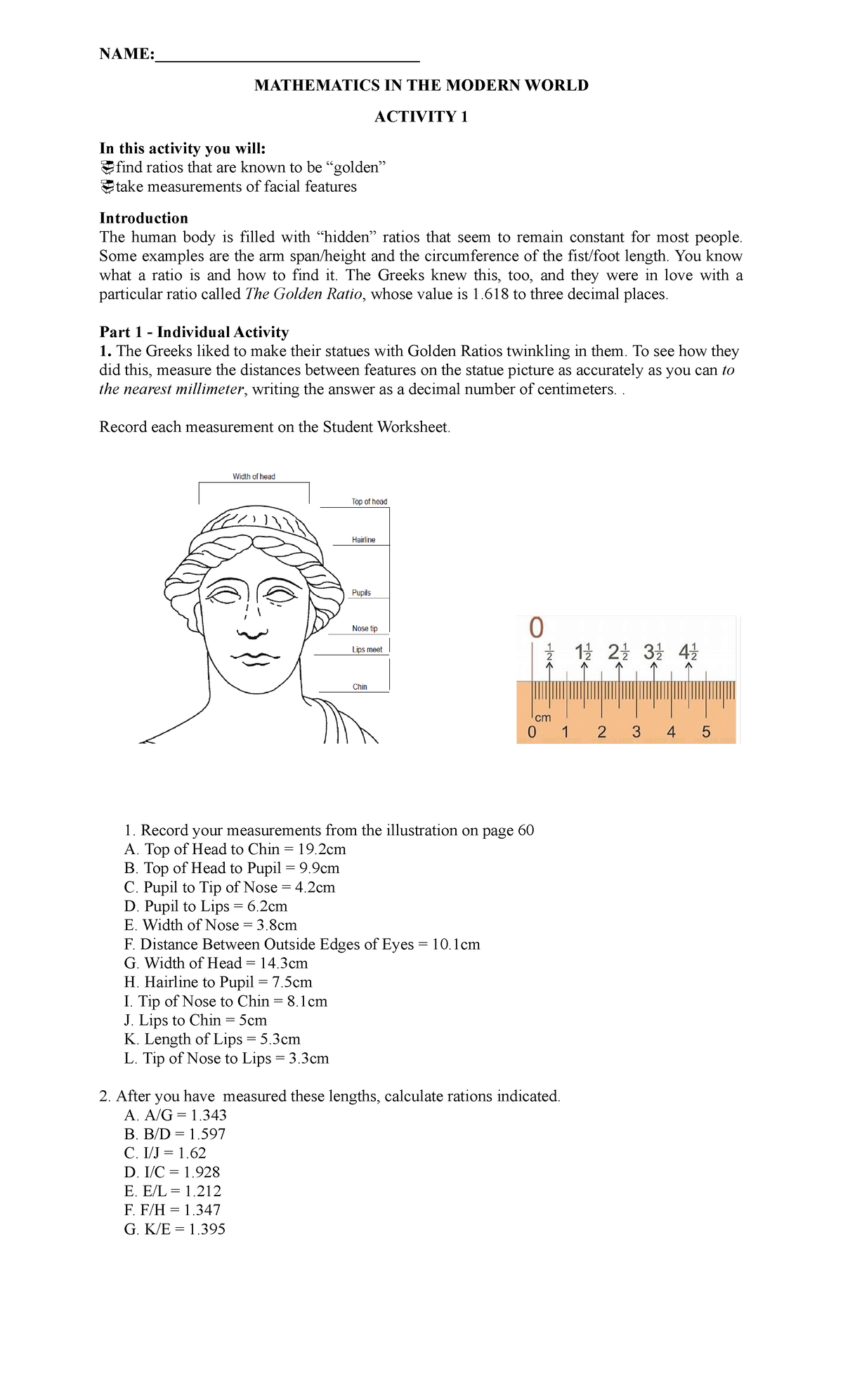 Body Ratios Math Lessons