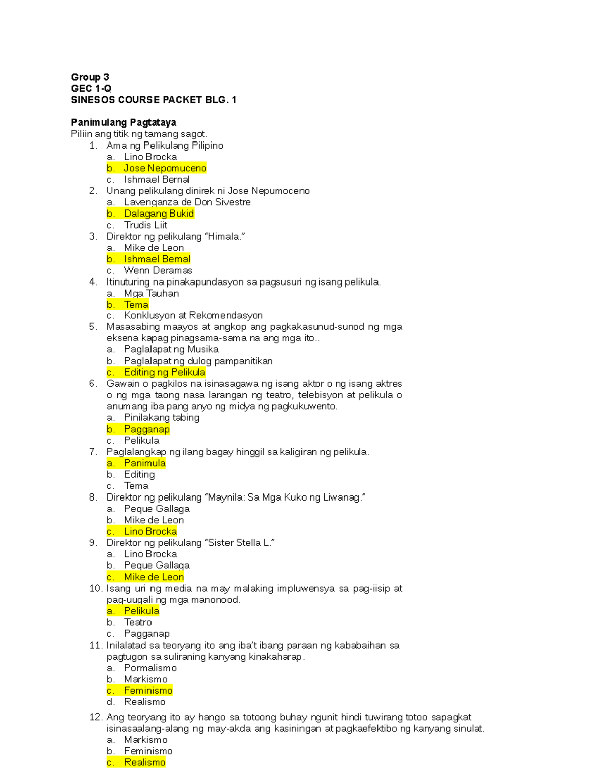 Sinesos - Answers in Activity - Group 3 GEC 1-Q SINESOS COURSE PACKET BLG. 1 Panimulang ...