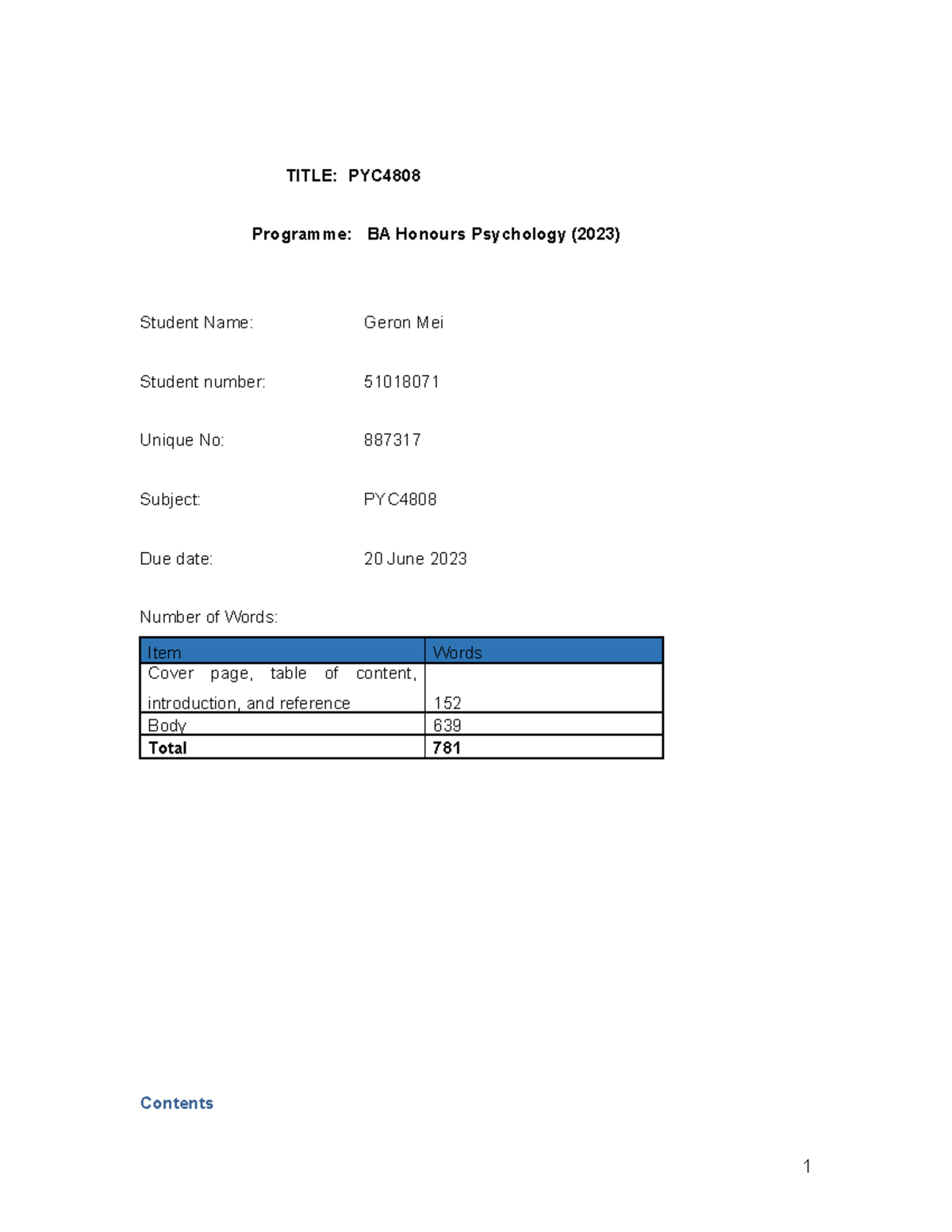 PYC4808 Assignment 3 Geron Mei - TITLE: PYC Programme: BA Honours Psychology (2023) Student Name ...