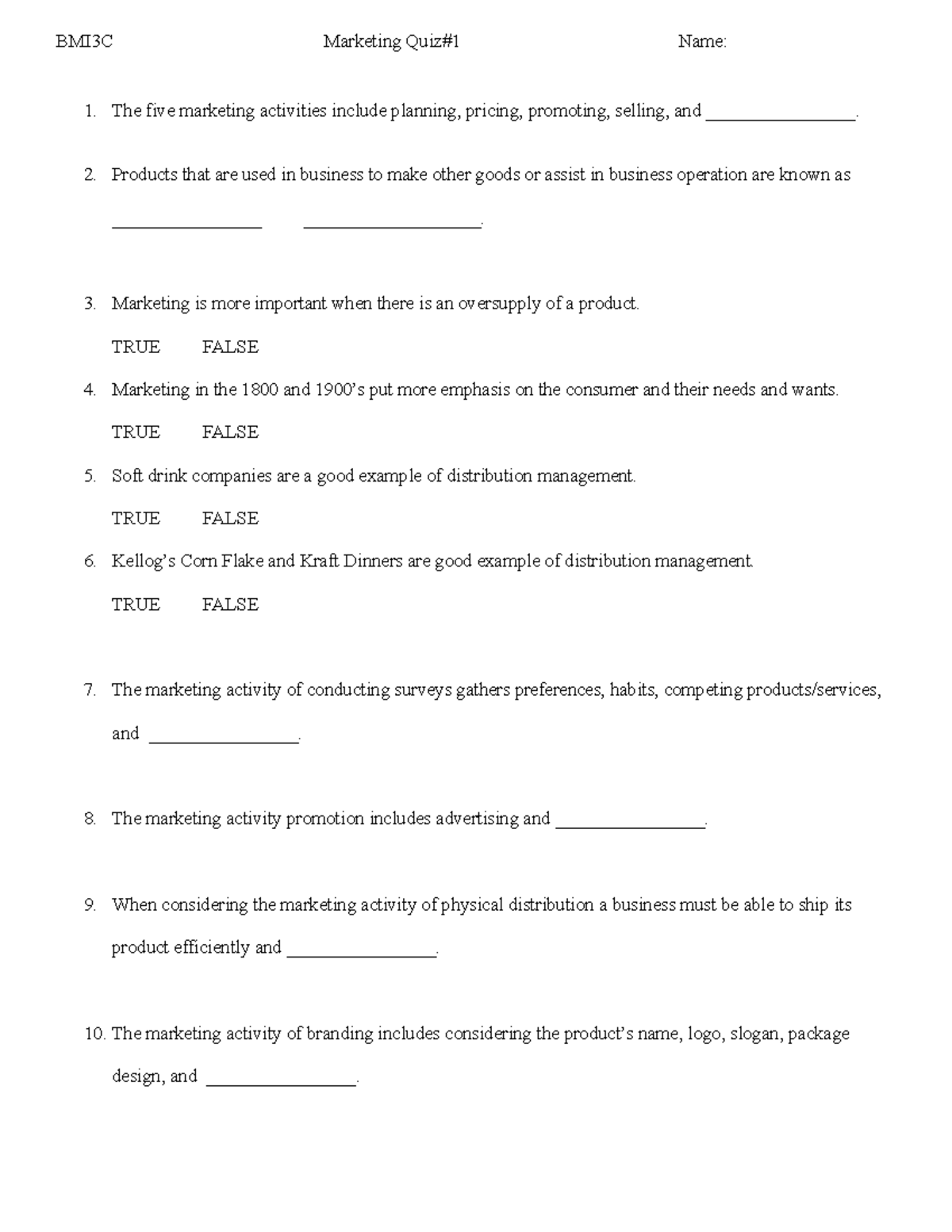 Marketing Intro Quiz - Comprehensive notes - BMI3C Marketing Quiz#1 ...