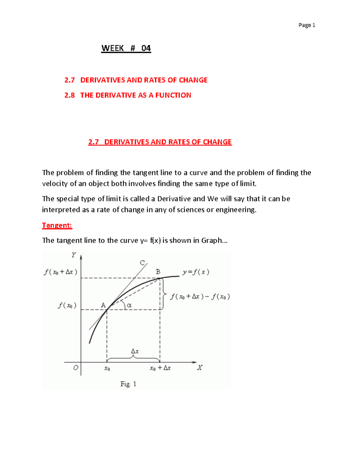 Derivative notes and Rate of Changes - WEEK # 04 2 DERIVATIVES AND ...