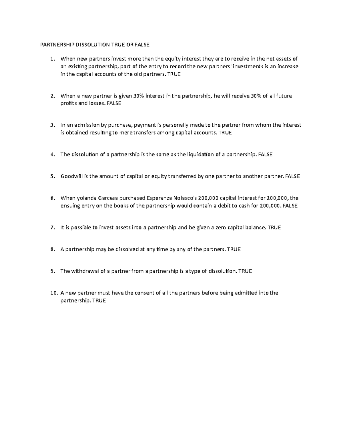 Partnership Dissolution TRUE OR False PART 8 - Accountancy - Studocu
