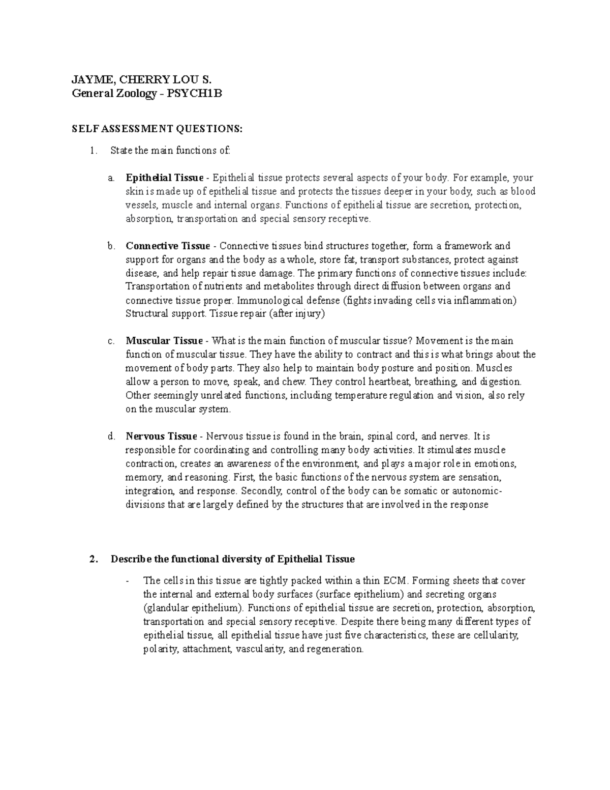 Animal Tissue LAB Exercise - JAYME, CHERRY LOU S. General Zoology ...