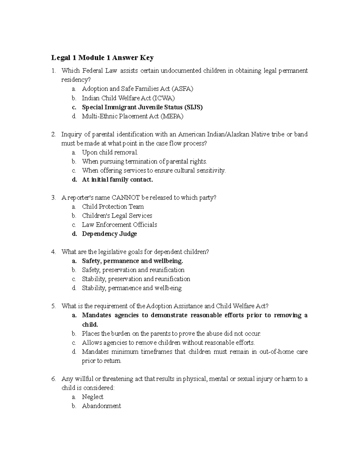 Child Welfare Exam Answer Key - Legal 1 Module 1 Answer Key Which ...