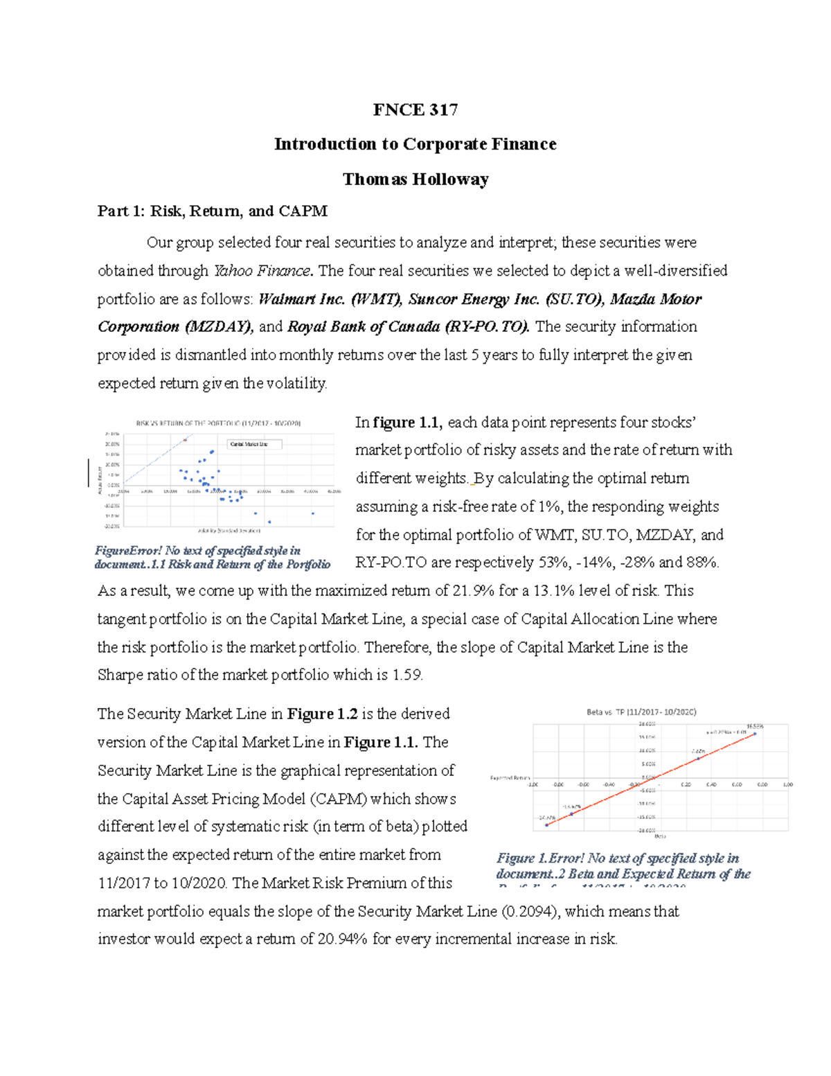 FNCE 317 Project - FNCE 317 Introduction to Corporate Finance Thomas ...