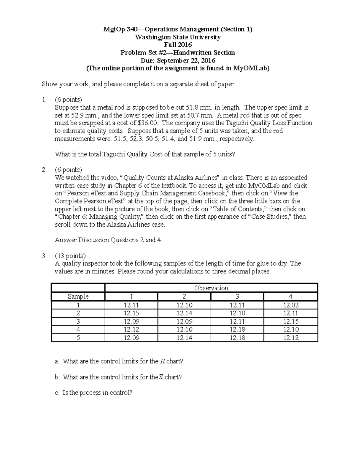 Assignments - Problem Set 2 - MgtOp 340—Operations Management (Section ...