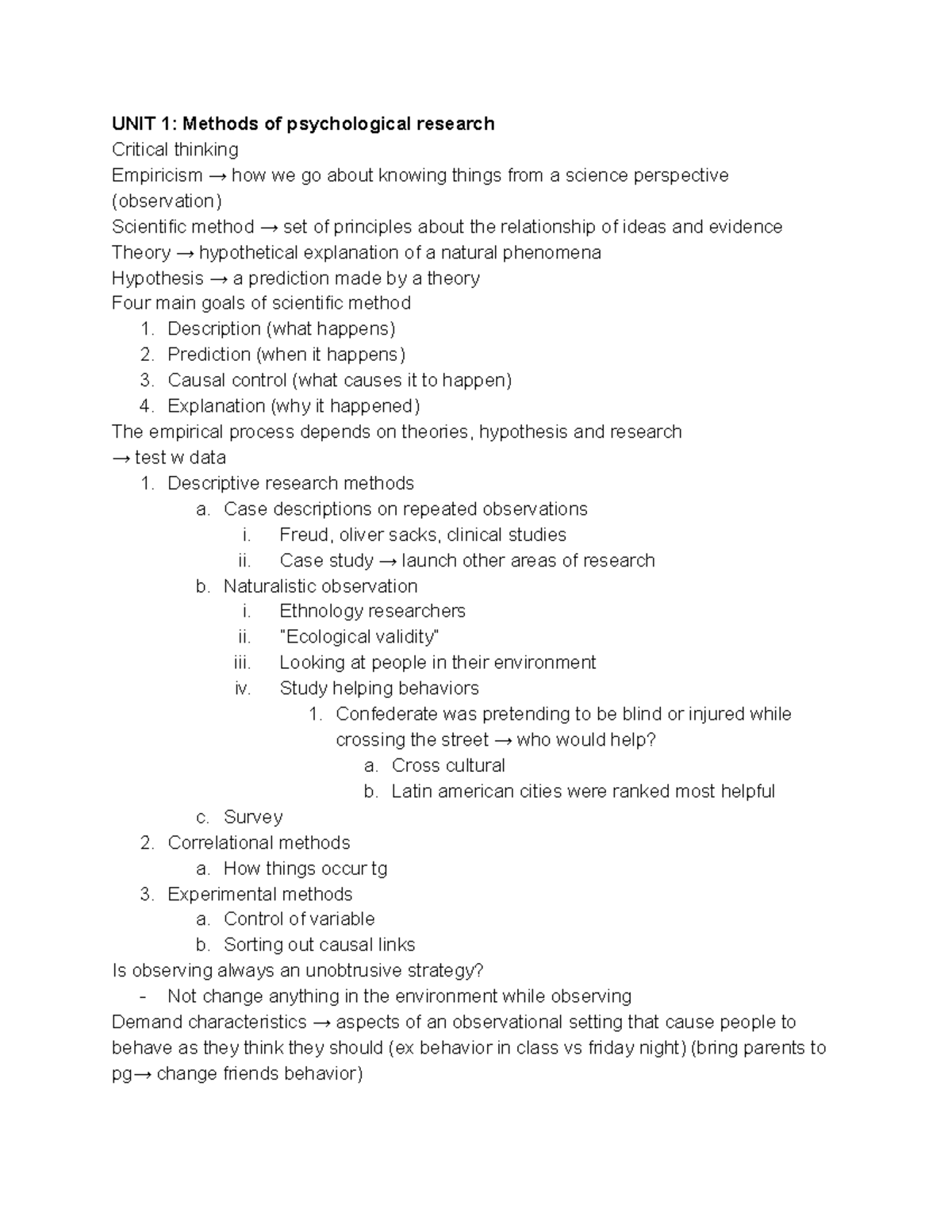 Unit 1 notes - UNIT 1: Methods of psychological research - UNIT 1 ...