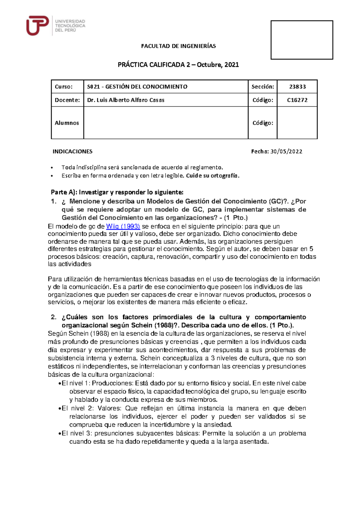 Practica Calificada GC 2 - FACULTAD DE INGENIERÕAS PR¡CTICA CALIFICADA 2 – Octubre, 2021 Curso ...