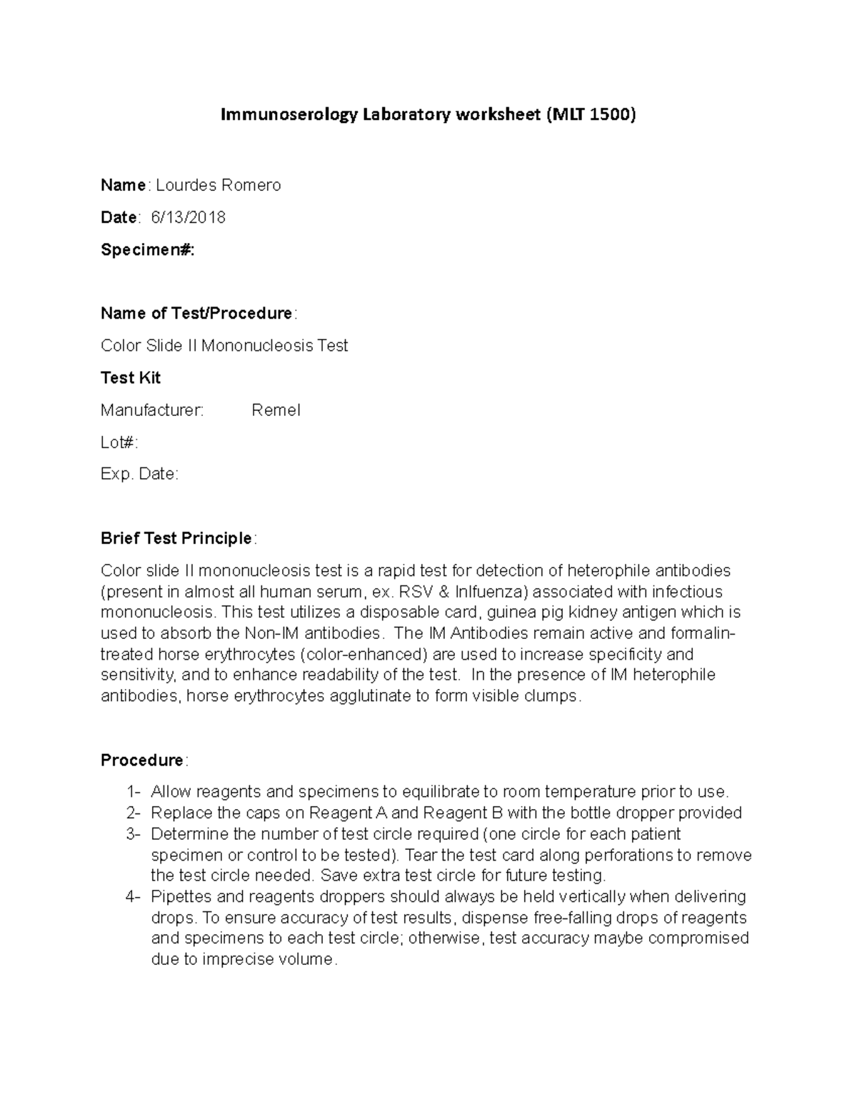 Mono test - report - Immunoserology Laboratory worksheet (MLT 1500 ...