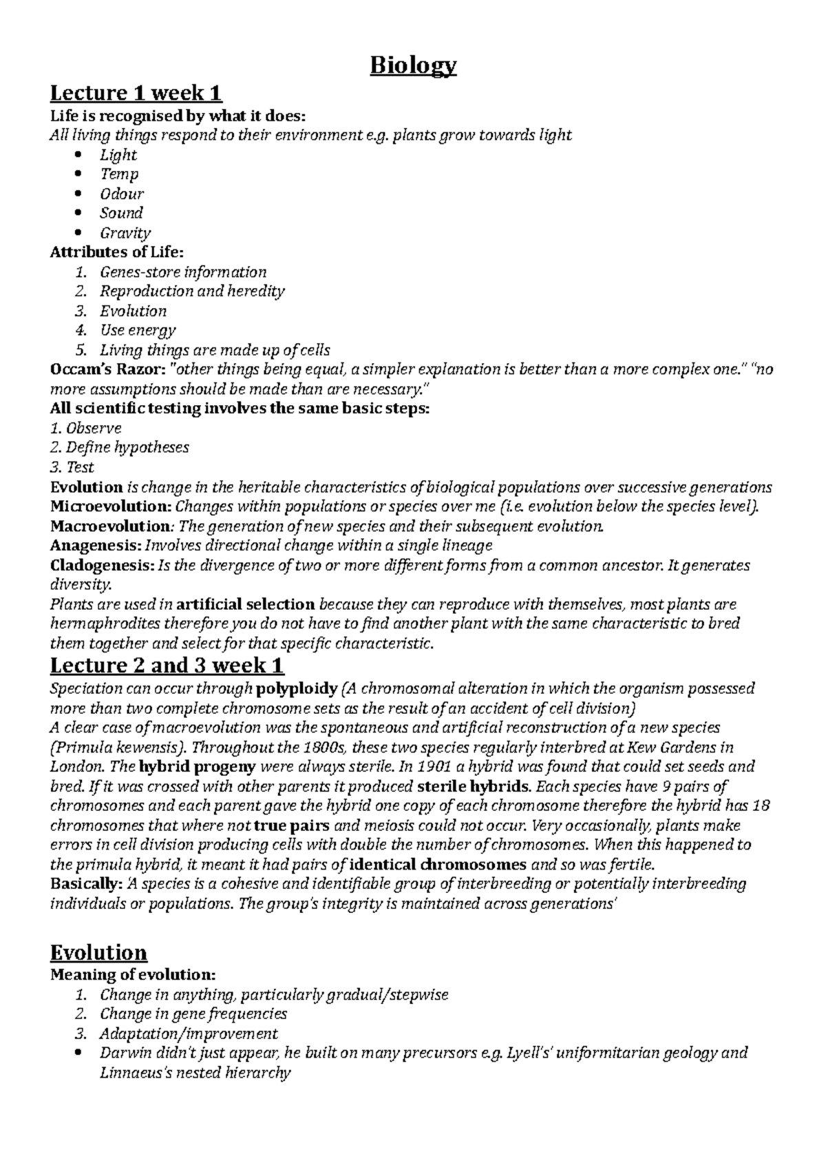 Biology Lecture Notes - Biology Lecture 1 week 1 Life is recognised ...
