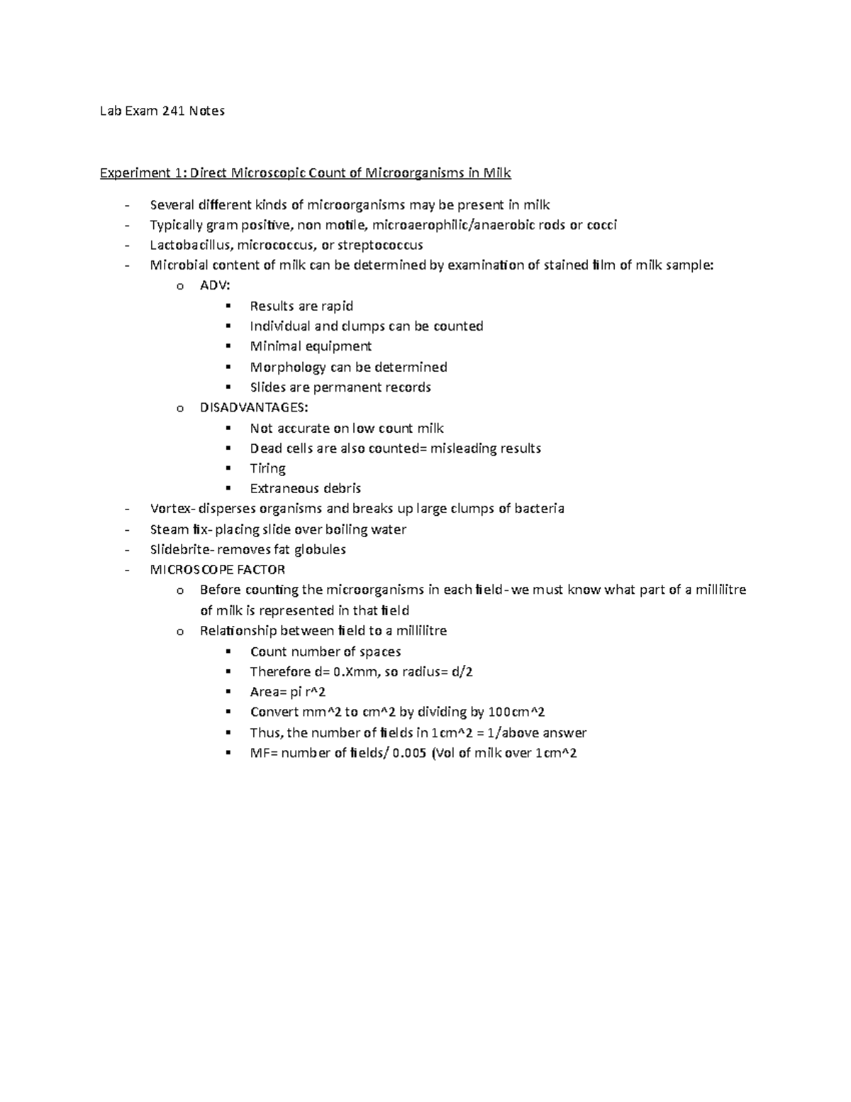 Lab exam Notes - Lab Exam 241 Notes Experiment 1: Direct Microscopic ...