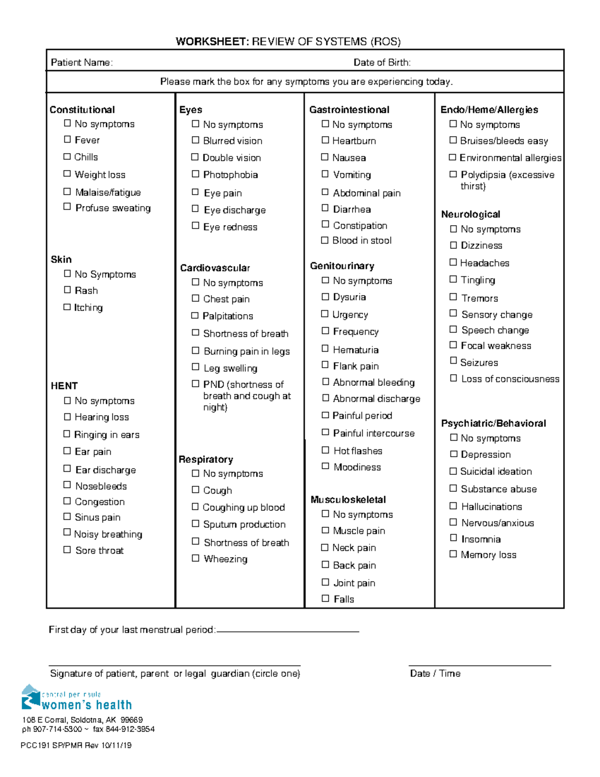 ROS worksheet - template -1 - WORKSHEET: REVIEW OF SYSTEMS (ROS ...
