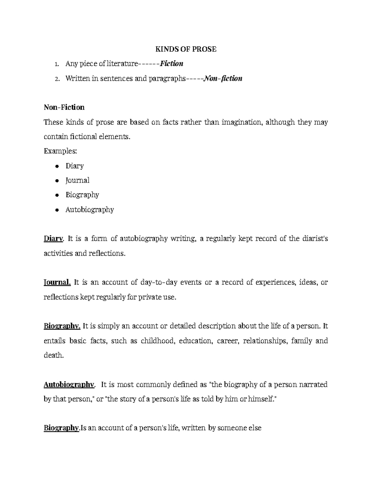 Kinds OF Prose - Any piece of literature-Fiction Written in sentences ...