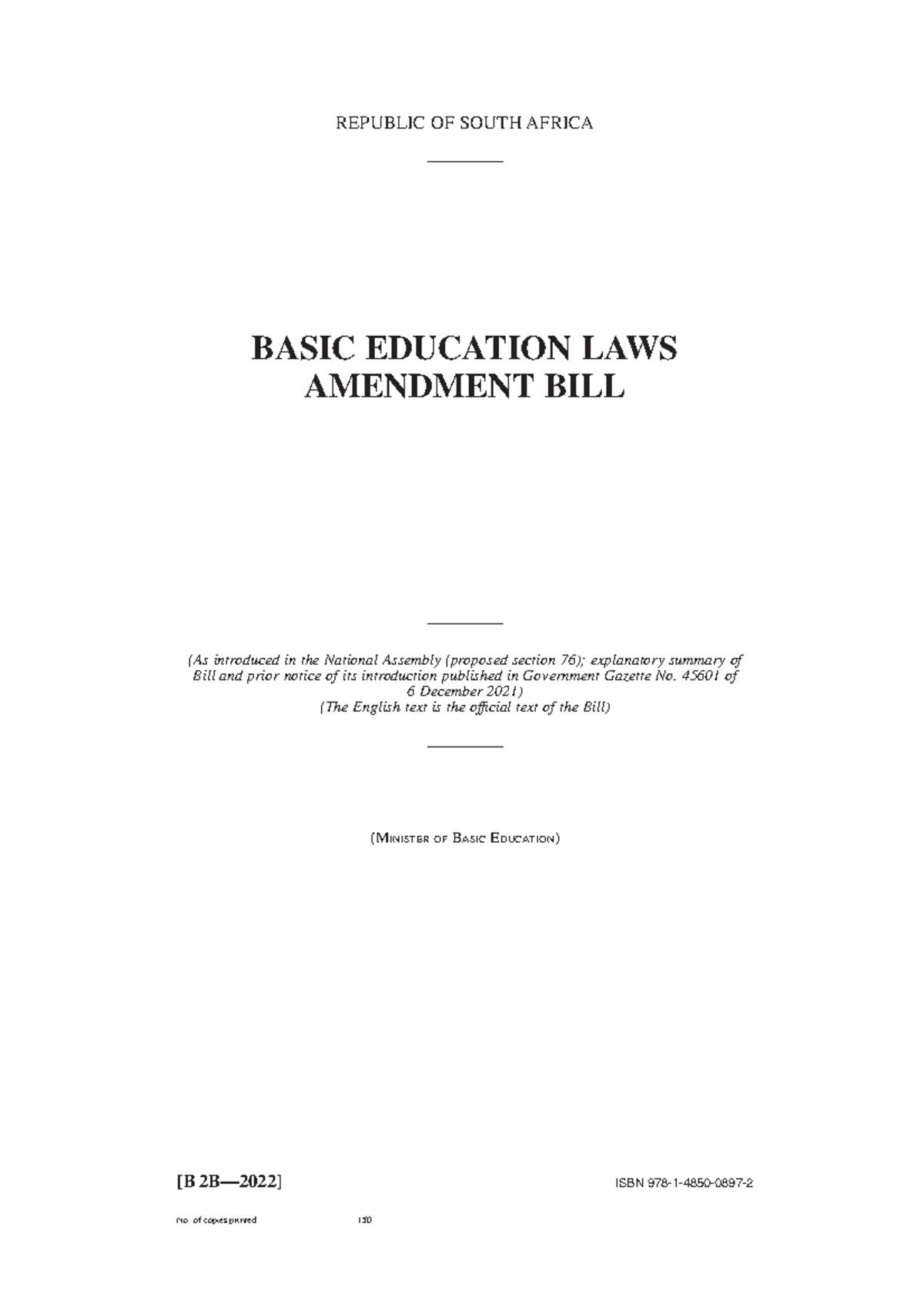 B2B 2022 Basic Education Laws Amendment Bill - REPUBLIC OF SOUTH AFRICA ...