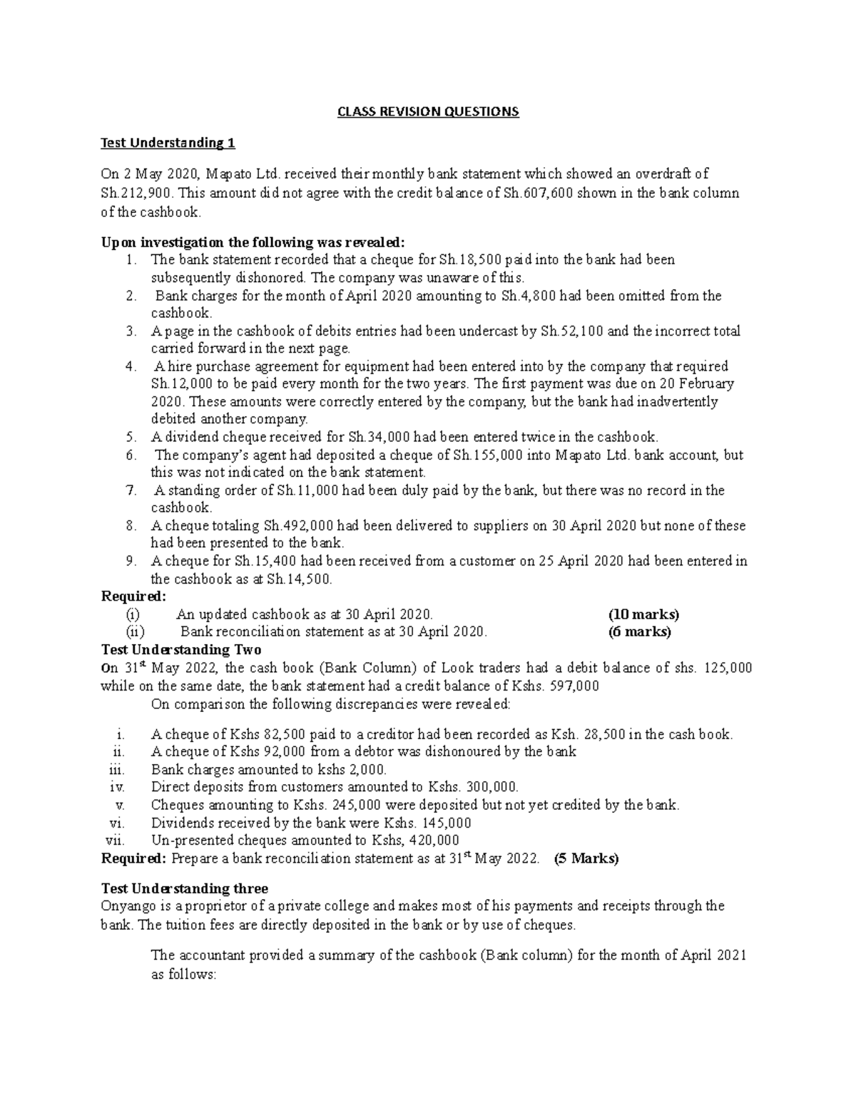 Class Revision Questions BANK Reconciliation Statement - CLASS REVISION ...
