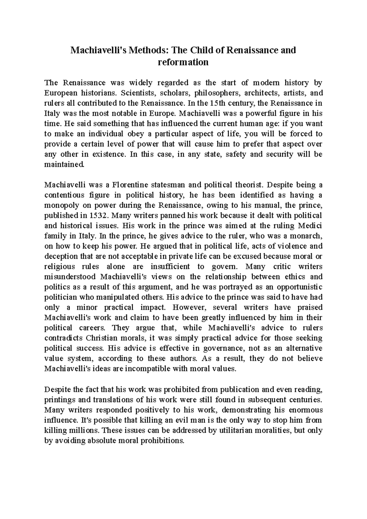 Machiavelli's Methods The Child of Renaissance and reformation ...