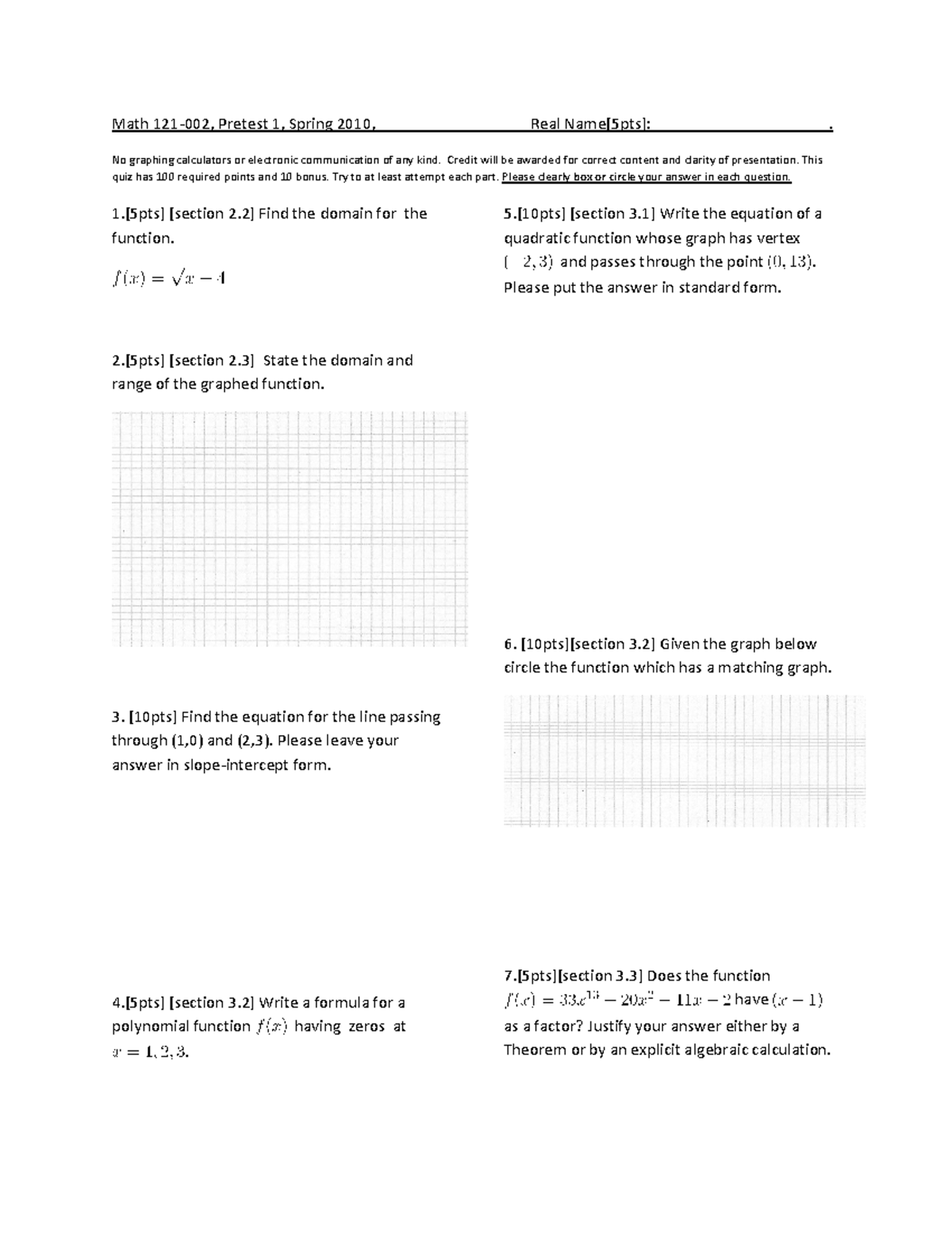 Math121pretest 1S10 - Math Pretest 1, Spring 2010, Real . No graphing ...