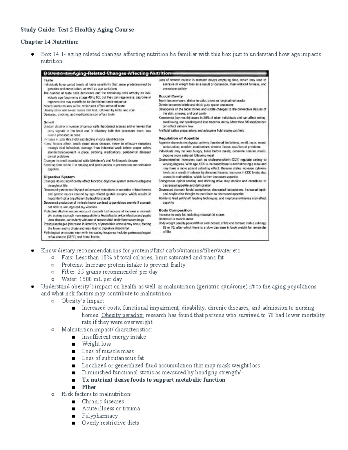 Class Study Guide #2 - Study Guide: Test 2 Healthy Aging Course Chapter ...