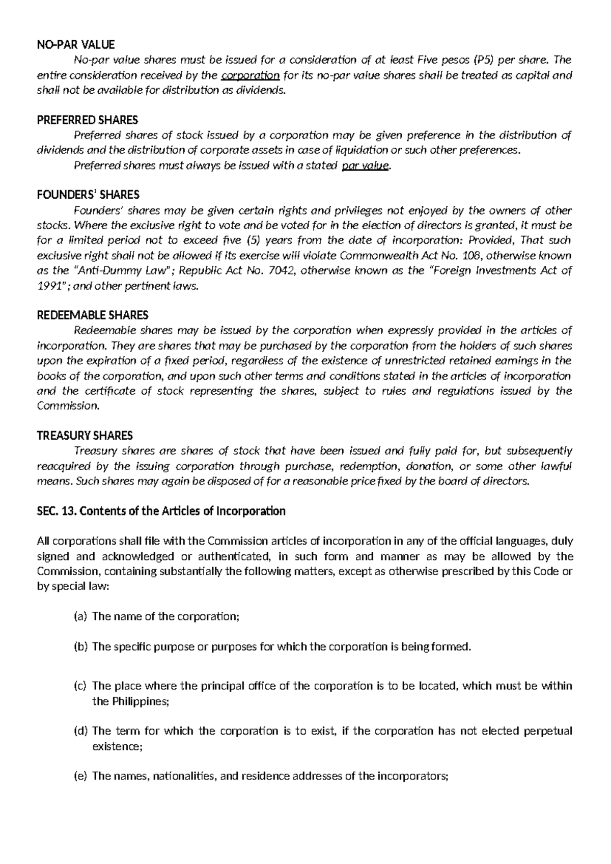 Law-Reviewer - NO-PAR VALUE No-par value shares must be issued for a ...