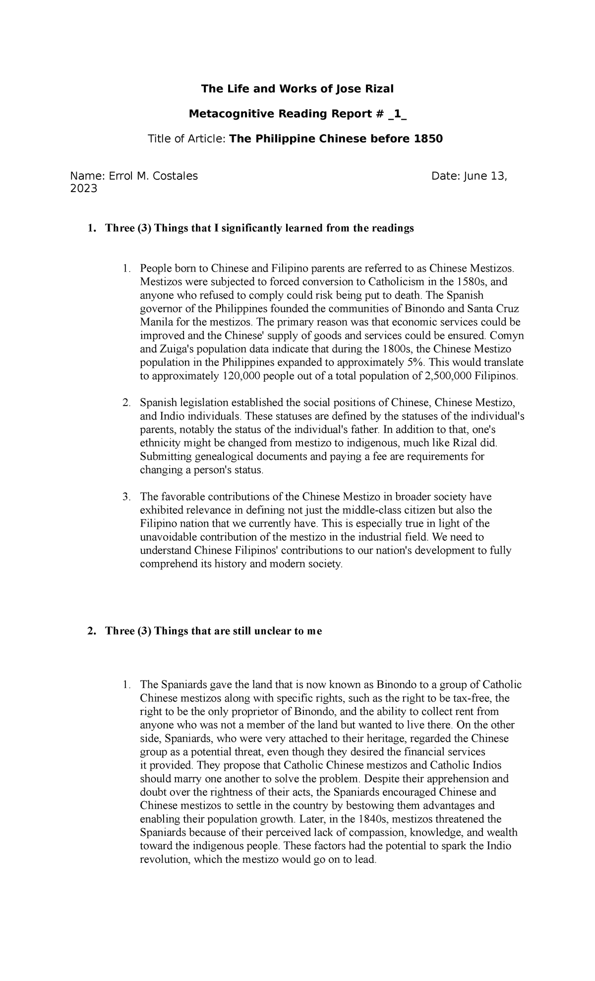 Costales MRR1 - wsedrftgyhujikolpiuyhgt - The Life and Works of Jose Rizal Metacognitive Reading ...