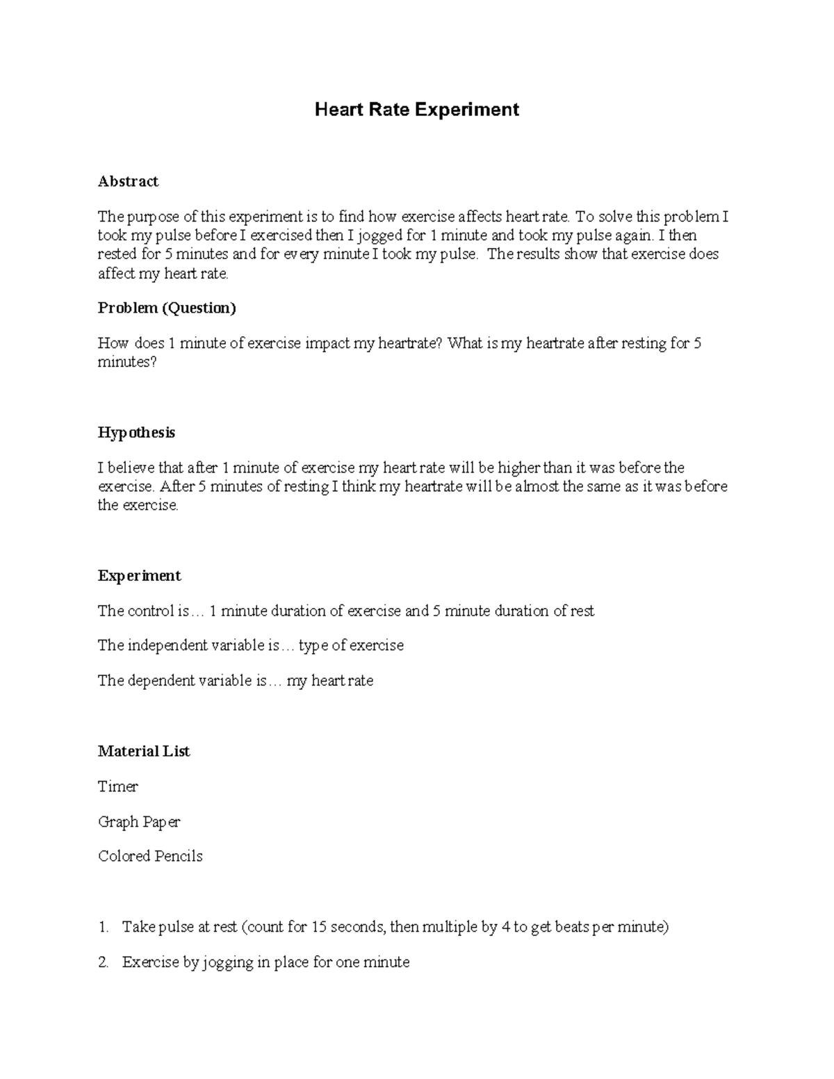 Lesson 1 Lab BIO - biology assignment - Heart Rate Experiment Abstract ...