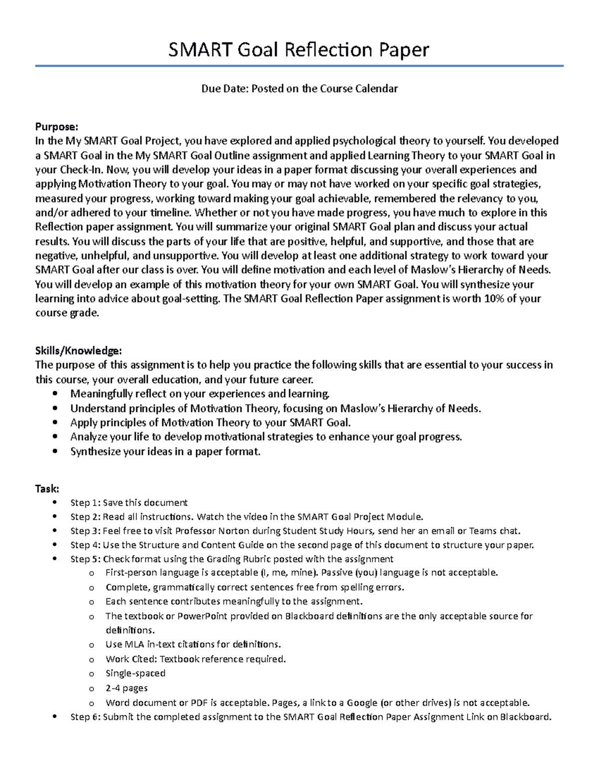 Smart Goal Reflection Paper Instructions - SMART Goal Reflection Paper ...