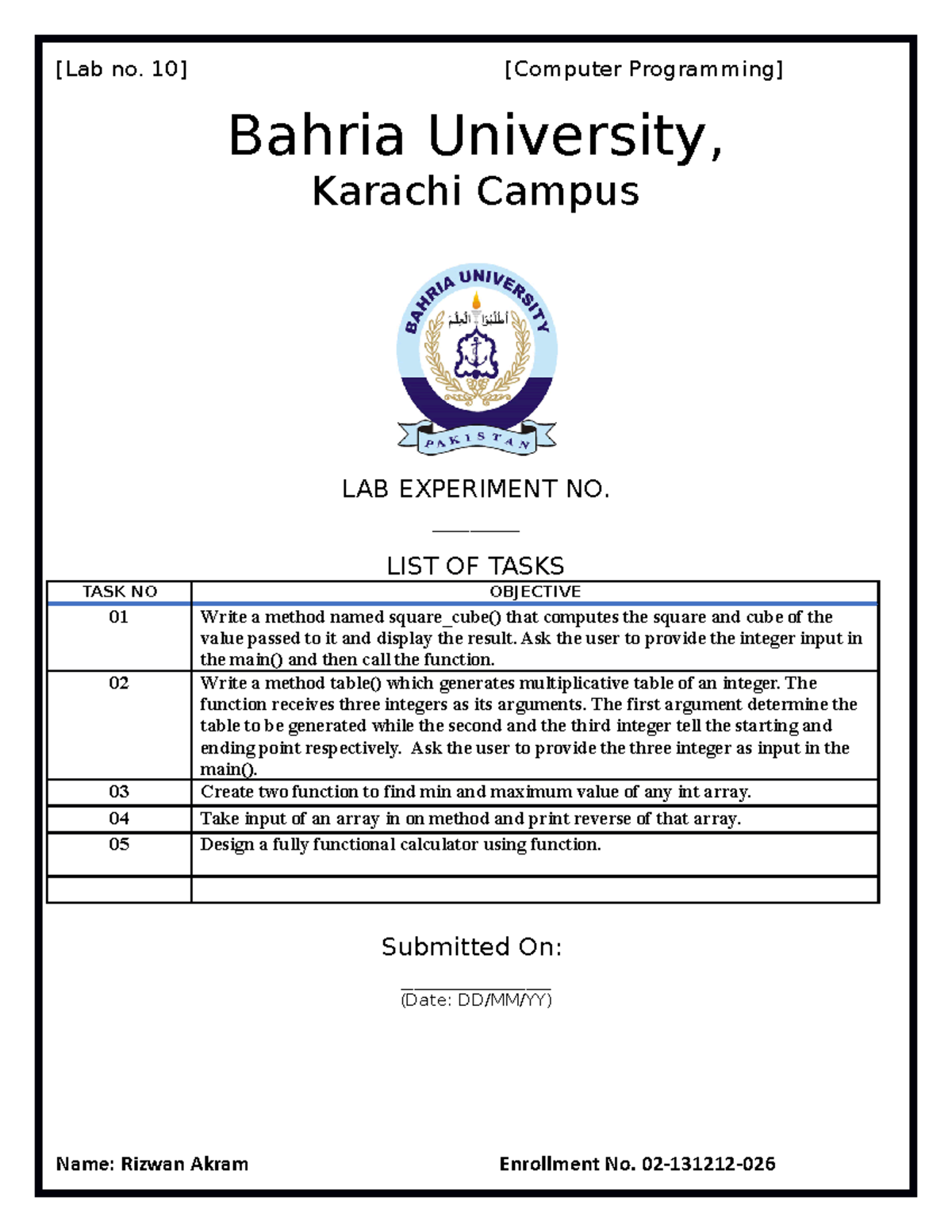 Computer Programming Task 10 Bahira Uni - Bahria University, Karachi ...