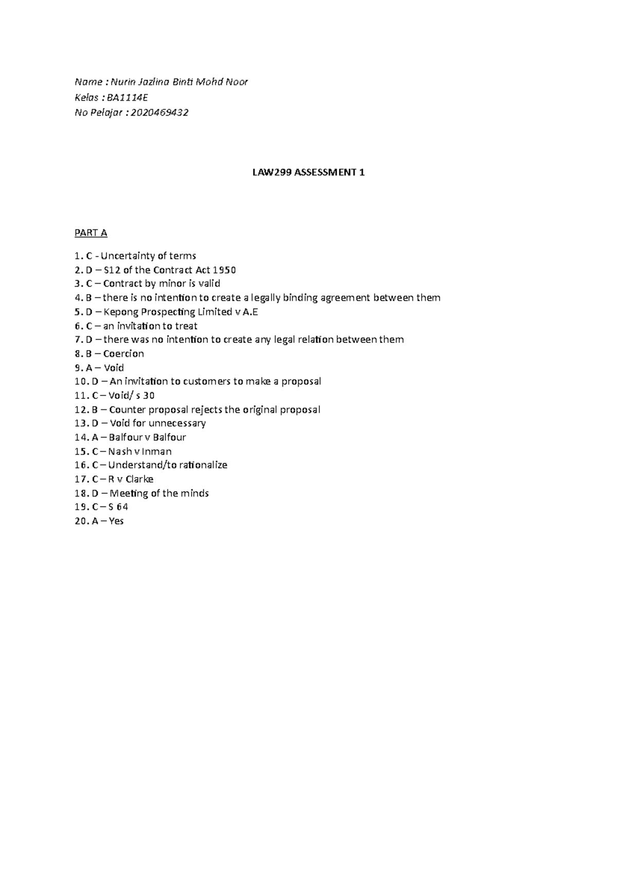 LAW299 -ASSINGMENT 1 - Name : Nurin Jazlina Binti Mohd Noor Kelas ...