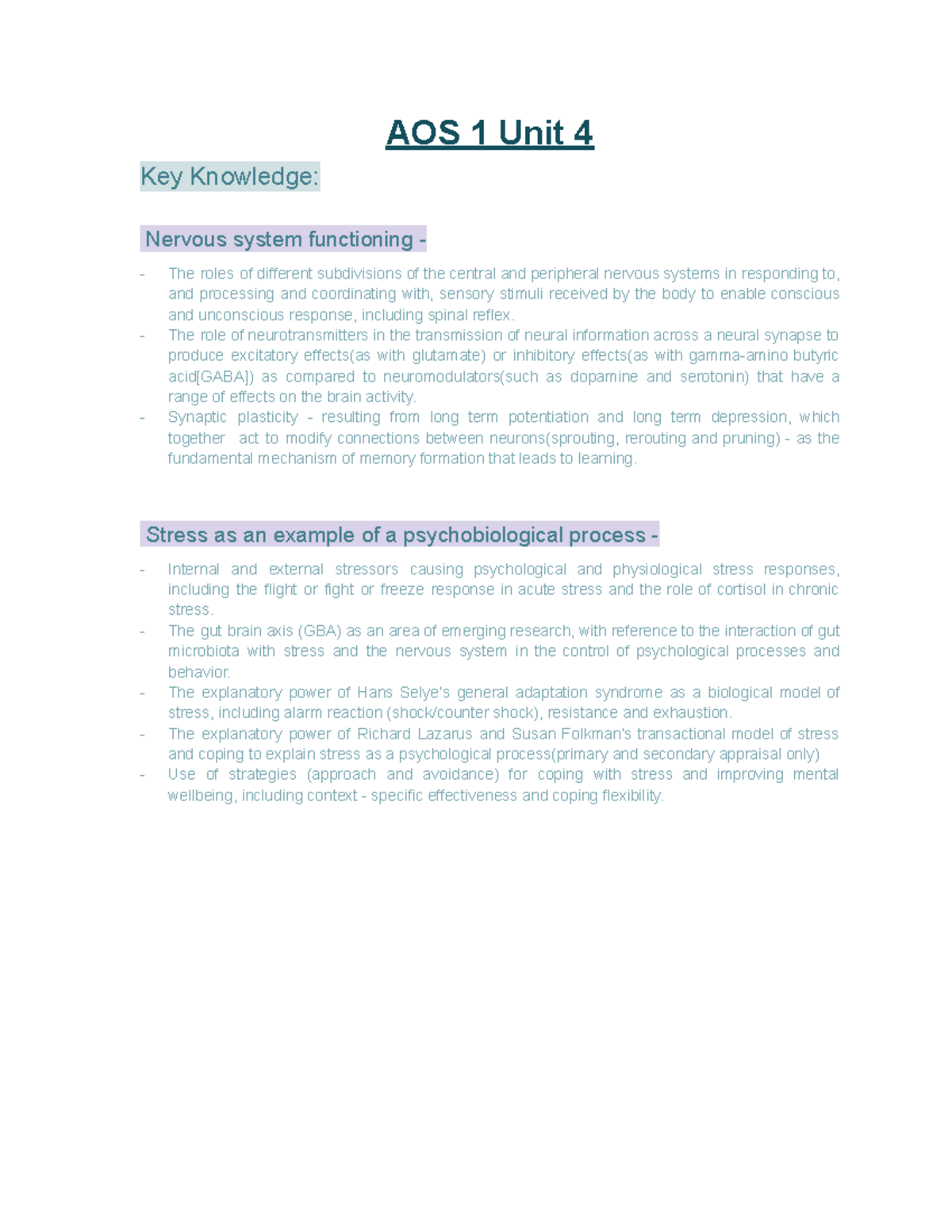 Psych Unit 4 revision - AOS 1 Unit 4 Key Knowledge: Nervous system ...