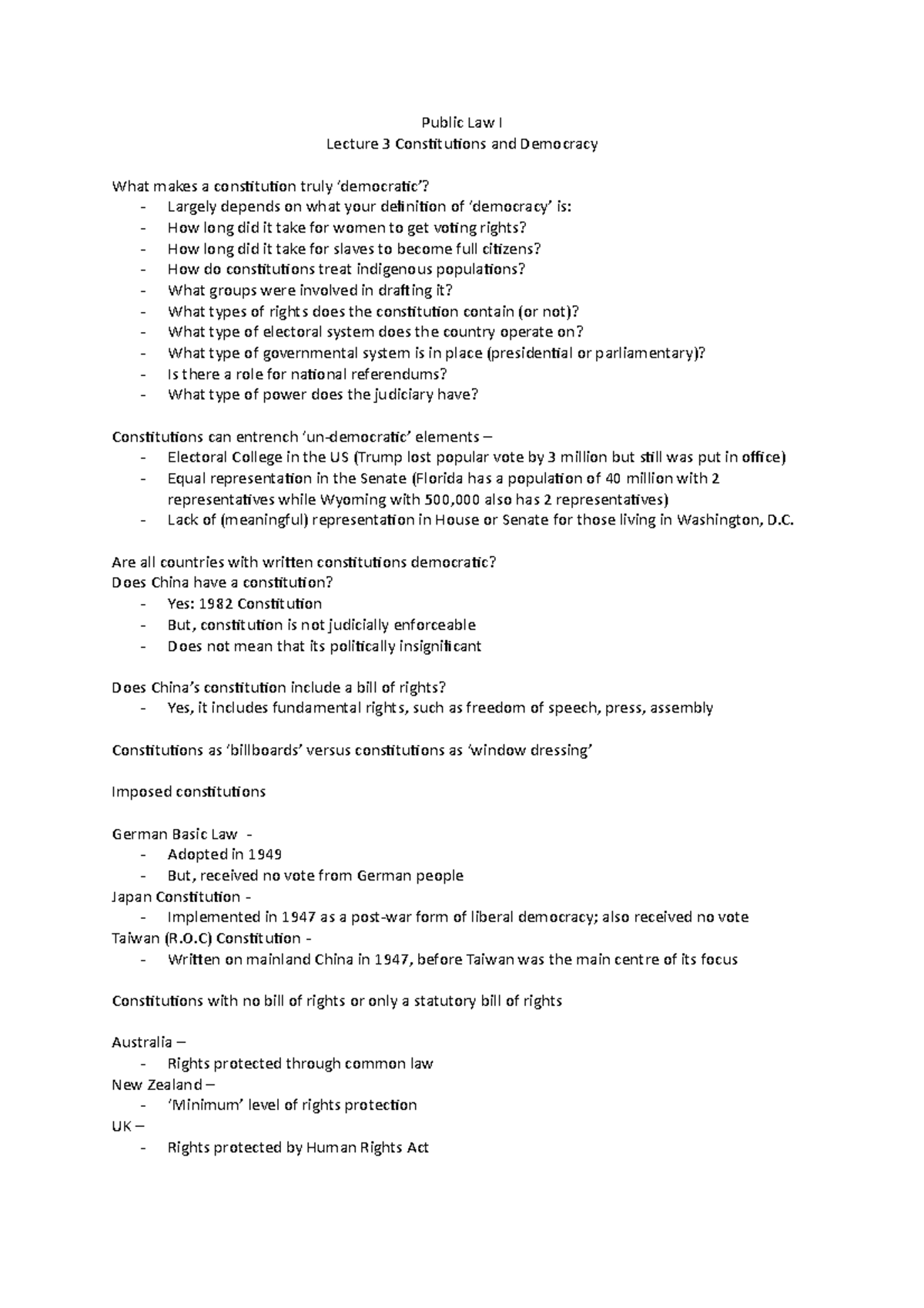Public Law I Part 1 Lecture Notes Public Law I Lecture 3 Constitutions And Democracy What