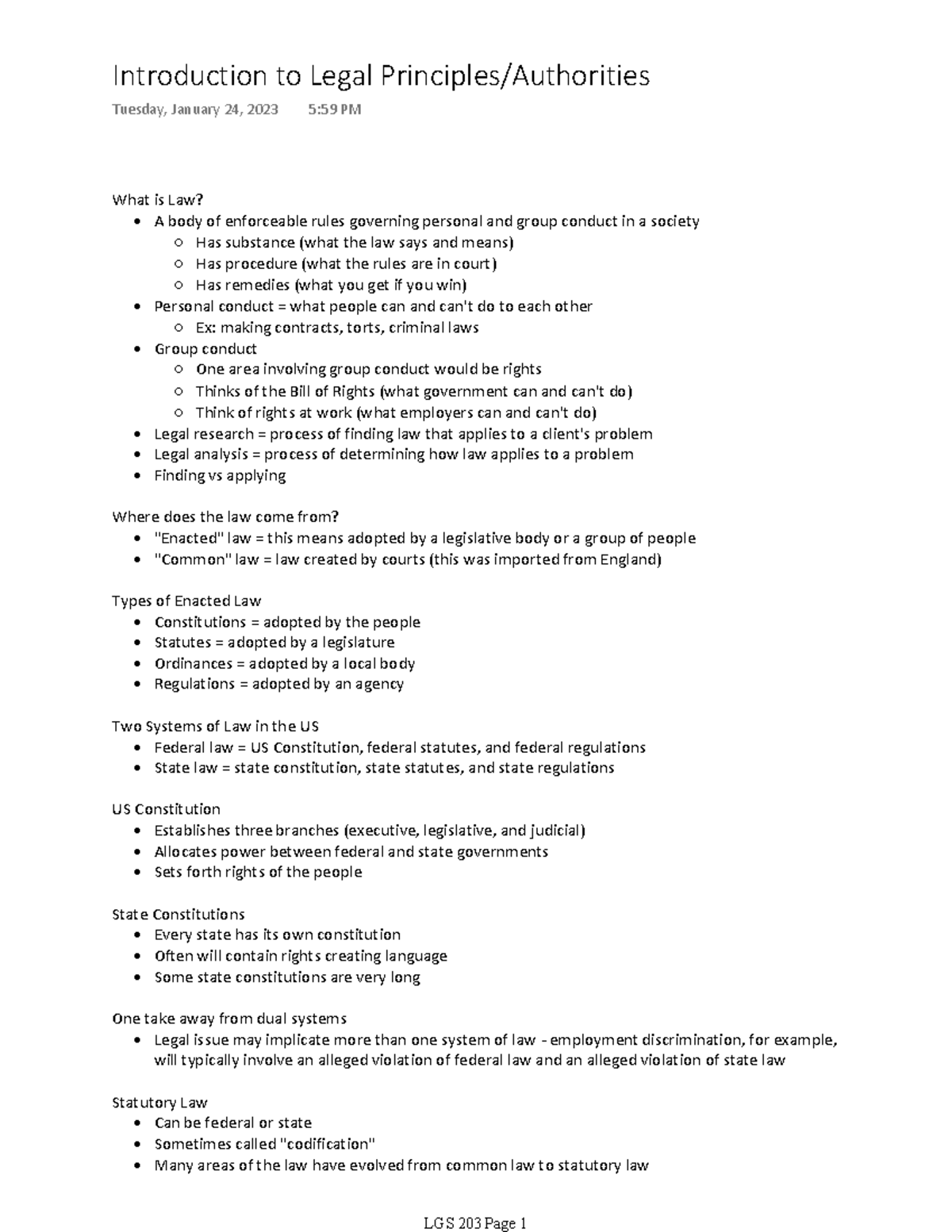 LGS 203 Intro to Legal Principles - What is Law? A body of enforceable ...