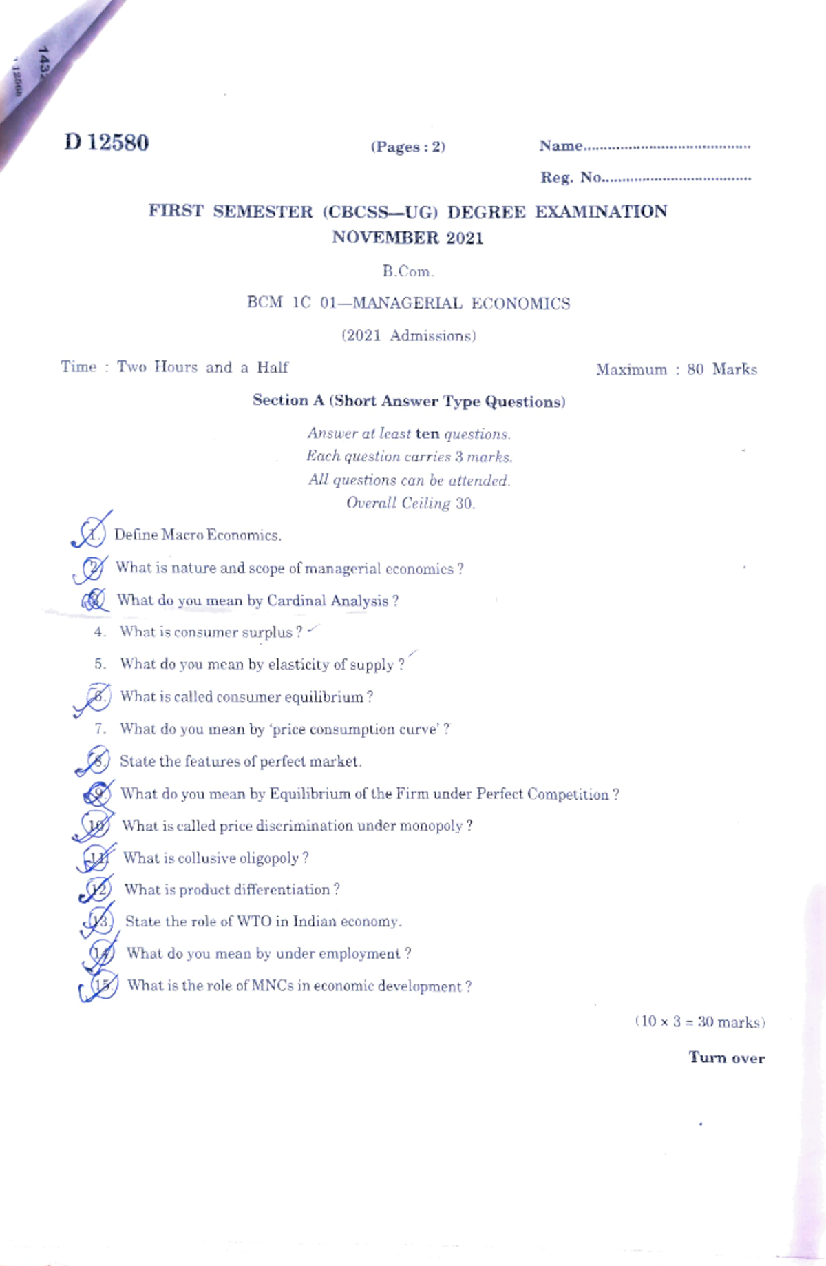 Bcom first semester PYQ 2021 and 2022 - D 12580 Pages: 2) Name. eeo******************* ose ...