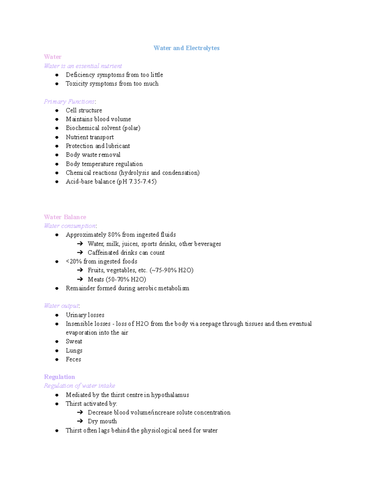 Final 3500 - Water and Electrolytes Water Water is an essential ...