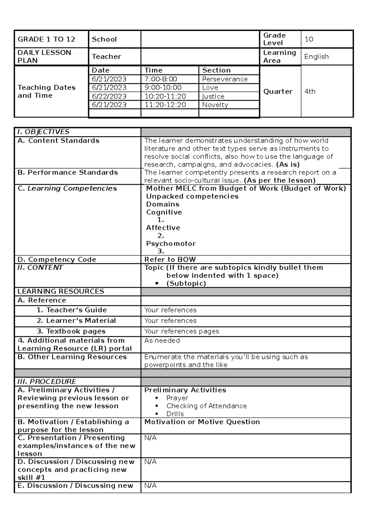 Studuco - none - GRADE 1 TO 12 School Grade Level 10 DAILY LESSON PLAN ...