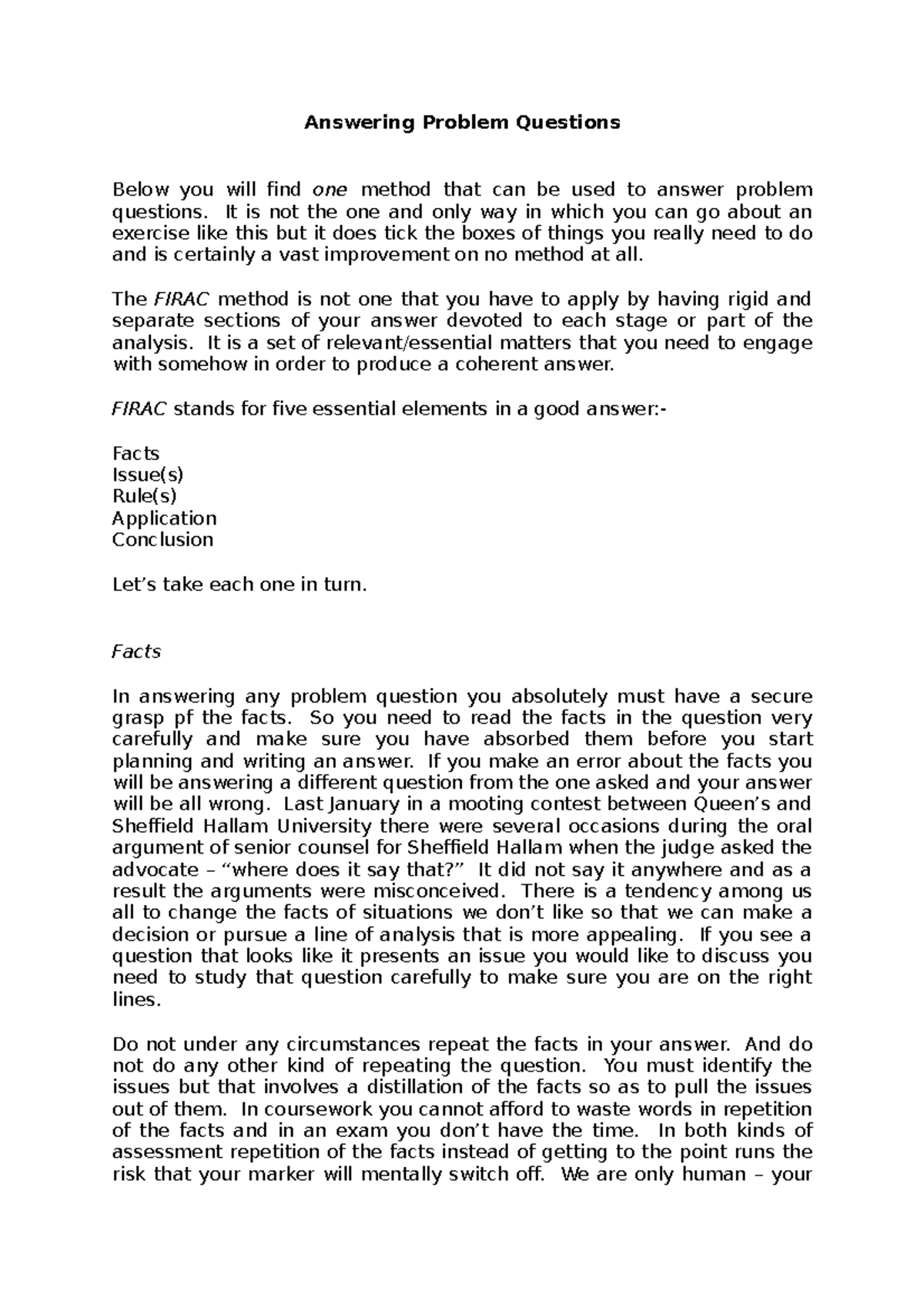 Answering Problem Questions: FIRAC Method - Studocu