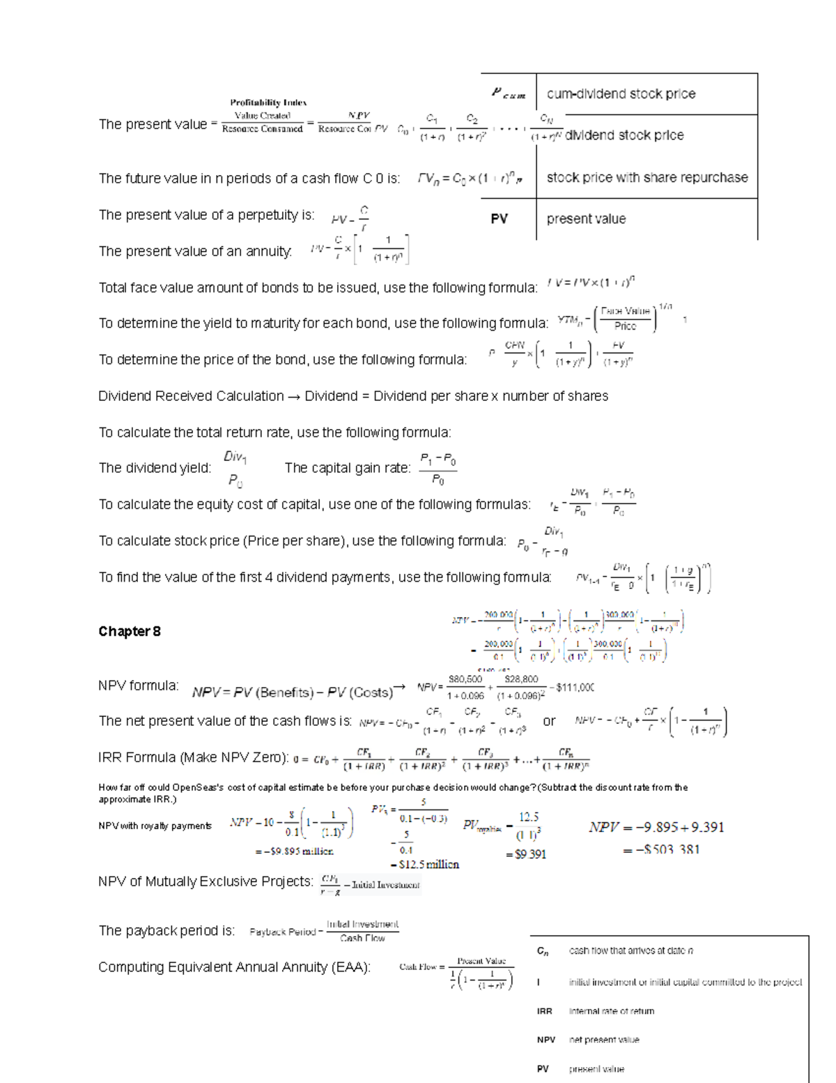 Tips Formula Sheet - The present value of a cash flow stream is: The ...