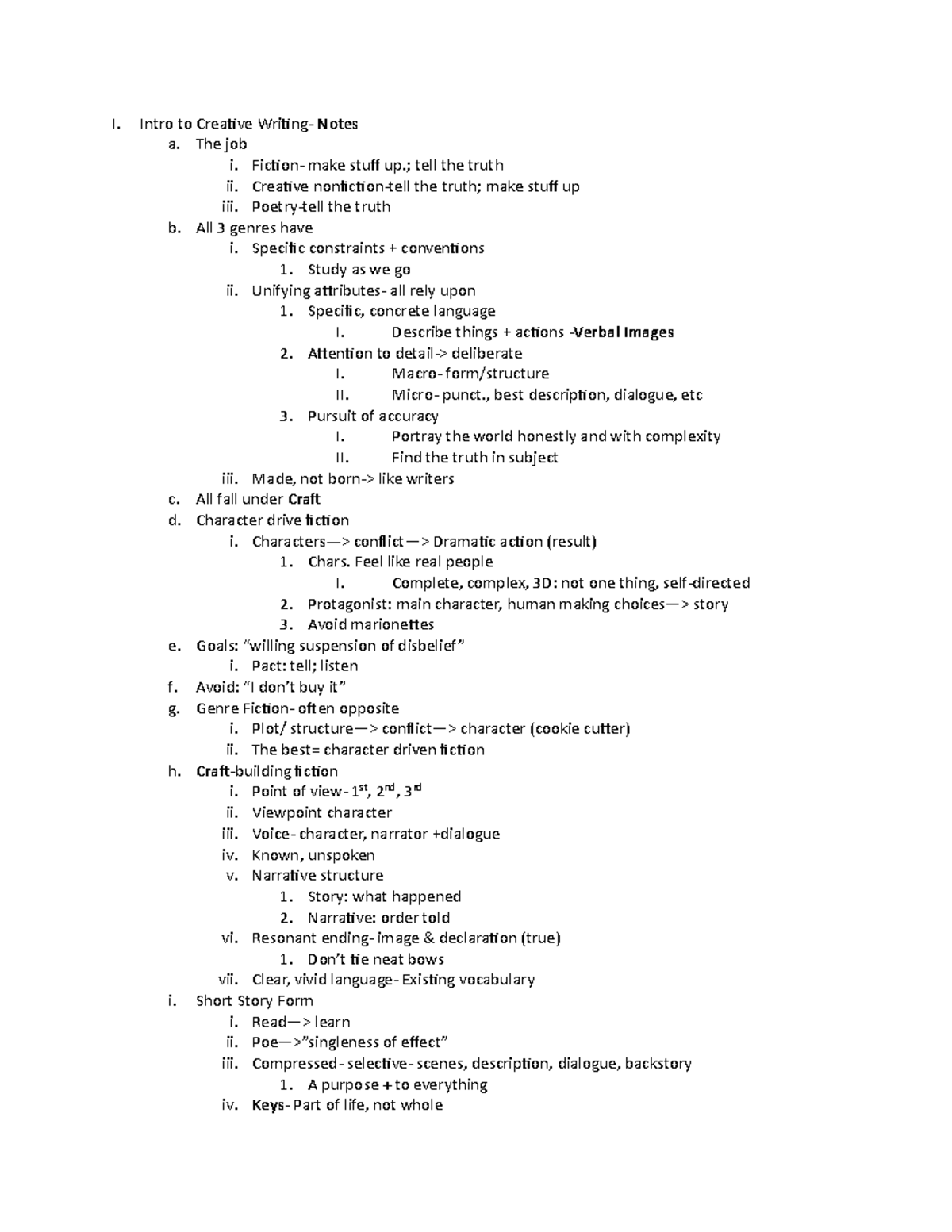 Creative writing Notes (Andrew Bode-Lang) - I. Intro to Creative ...