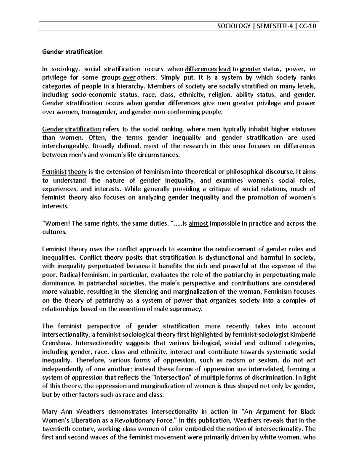 Sociology CC-10 Sem-IV Gender stratification - SOCIOLOGY | SEMESTER-4 ...