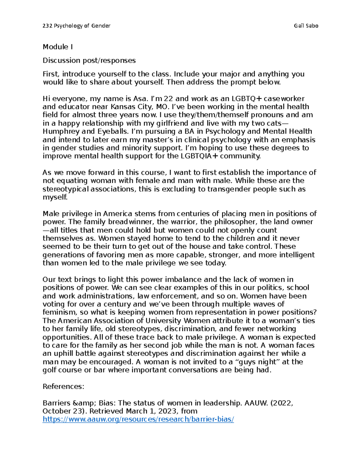 Gender Notes +Dp - Module I Discussion post/responses First, introduce ...