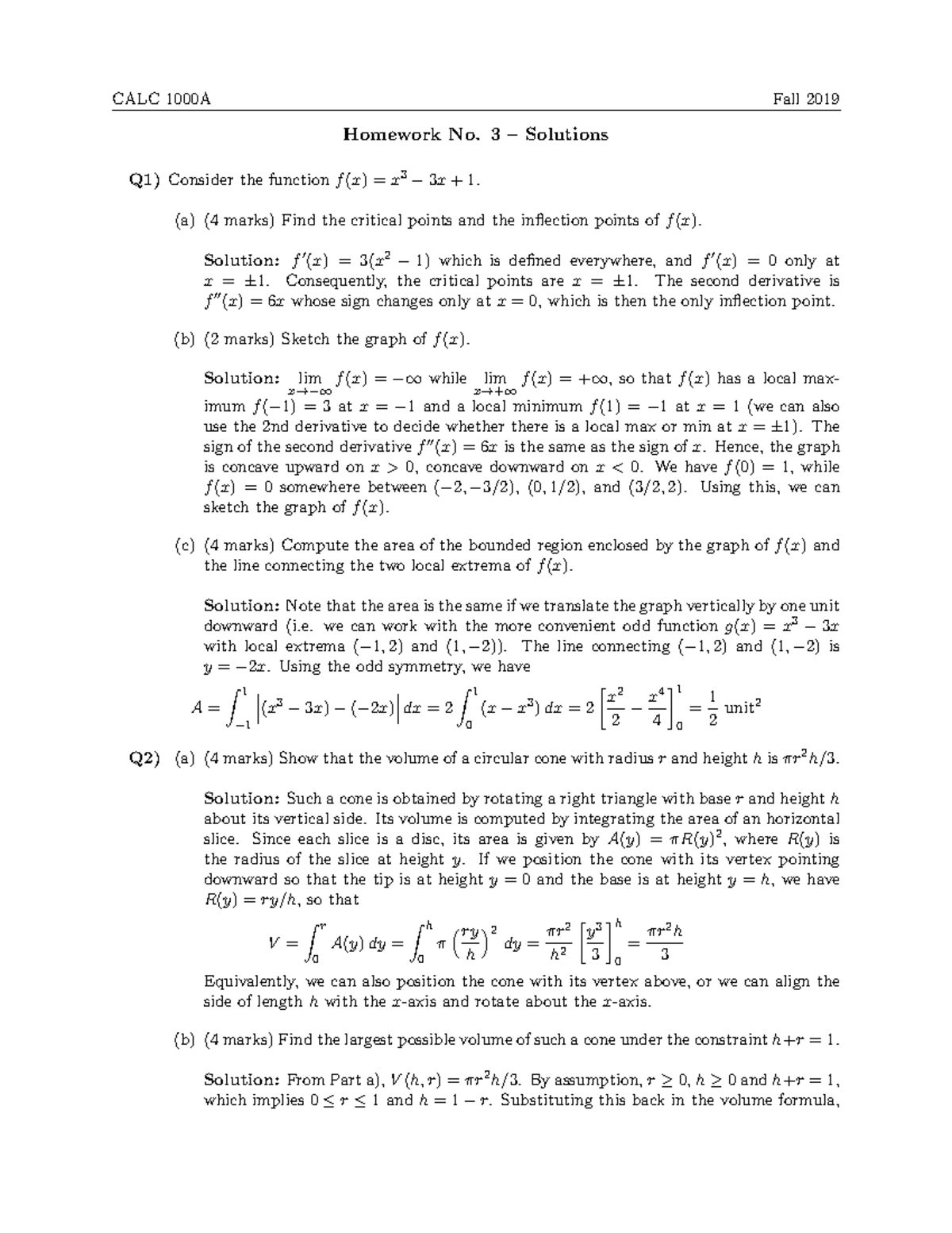 HW 3 Fall 2019 Sol - calculus - Homework No. 3 – Solutions Q1) Consider ...