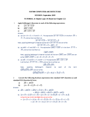 Tutorial 3 Answers - SOF108 COMPUTER ARCHITECTURE SESSION: September 2019 TUTORIAL 3: Digital ...