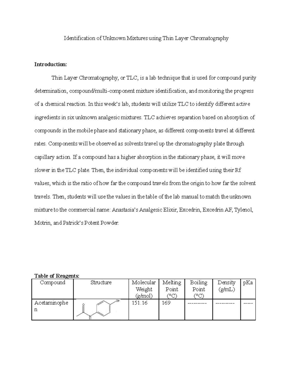 Lab #4 TLC - Lab #4 Thin Layer Chromatography I use 1st person in procedure bc that's what - Studocu