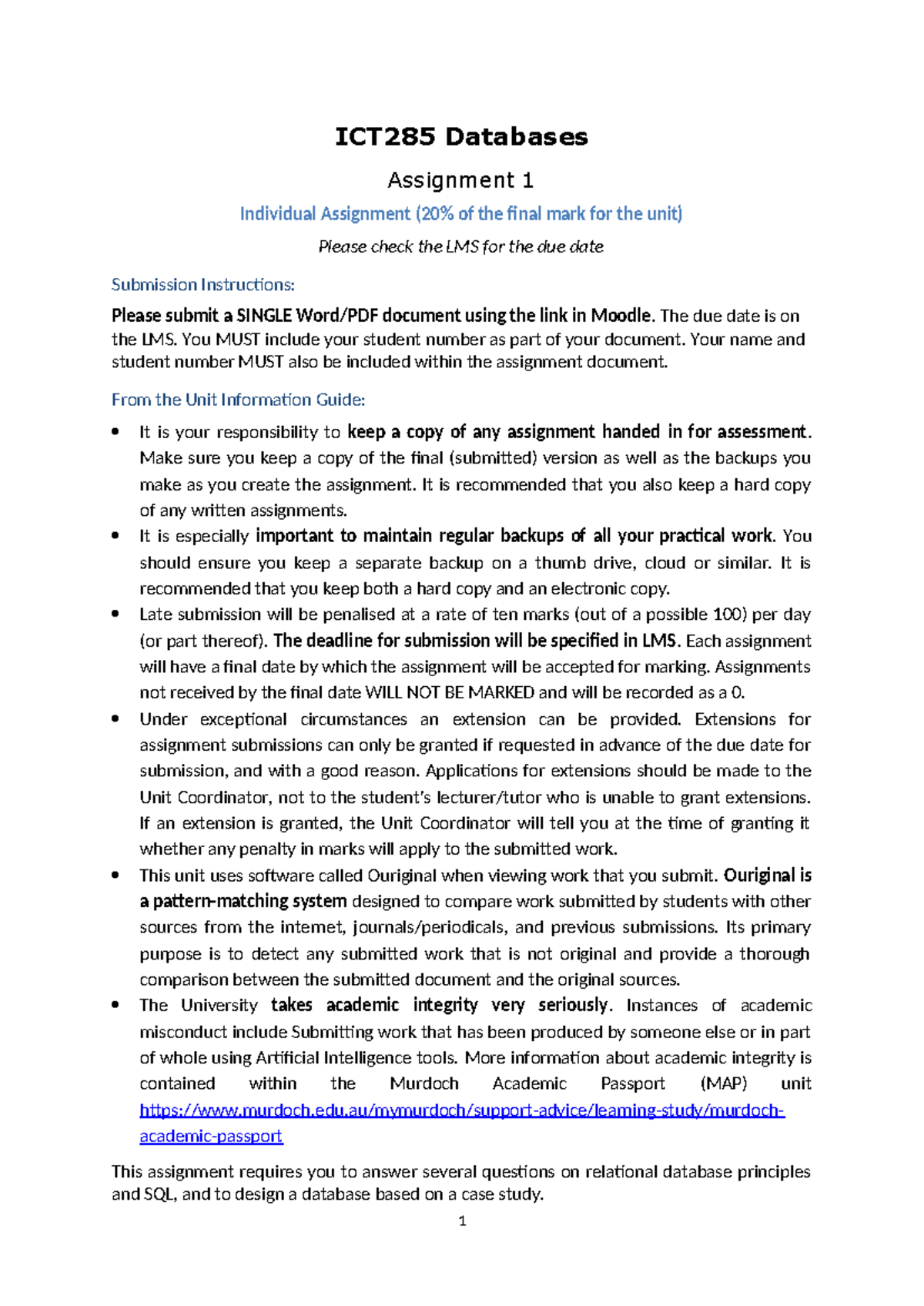 ICT285 Assignment 1 - ........... - ICT285 Databases Assignment 1 Individual Assignment (20% of ...