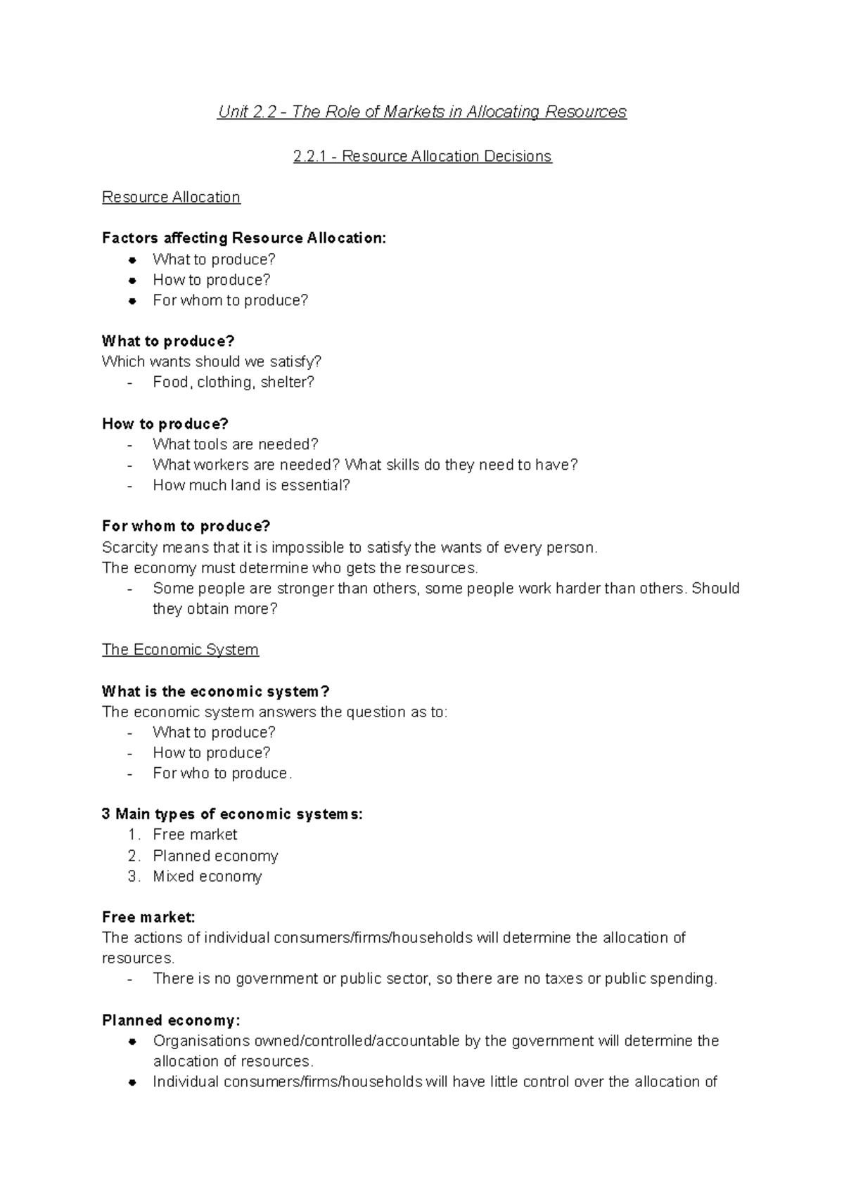 Unit 2.2 - The Role of Markets in Allocating Resources - 2 - Resource ...