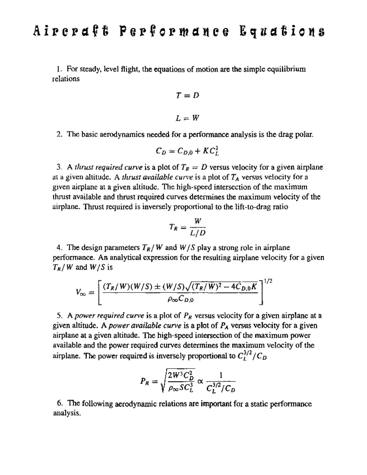 Aircraft Performance Summary of Equations - Aeronautical Engineering ...