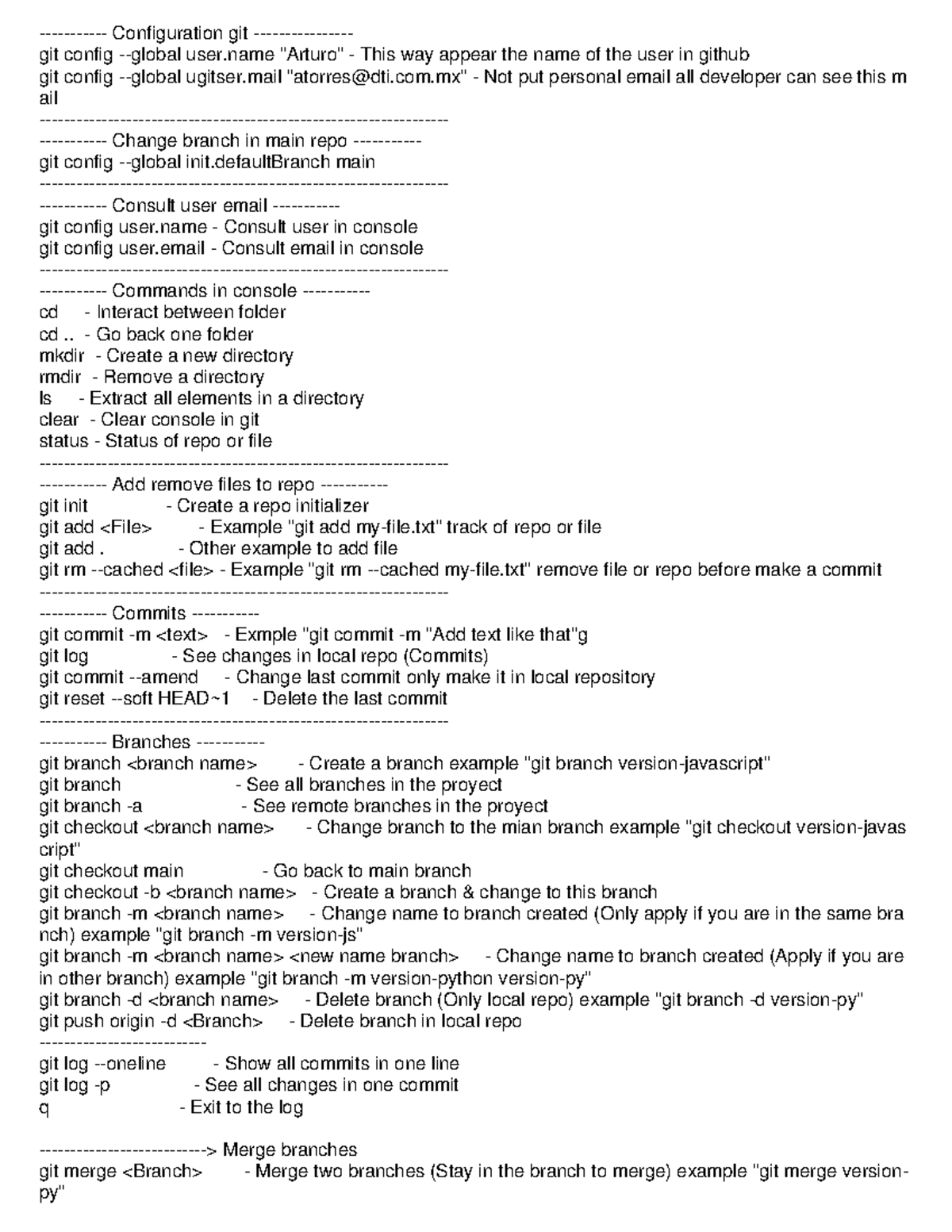 Git commands - Configuration git - git config -global user "Arturo ...
