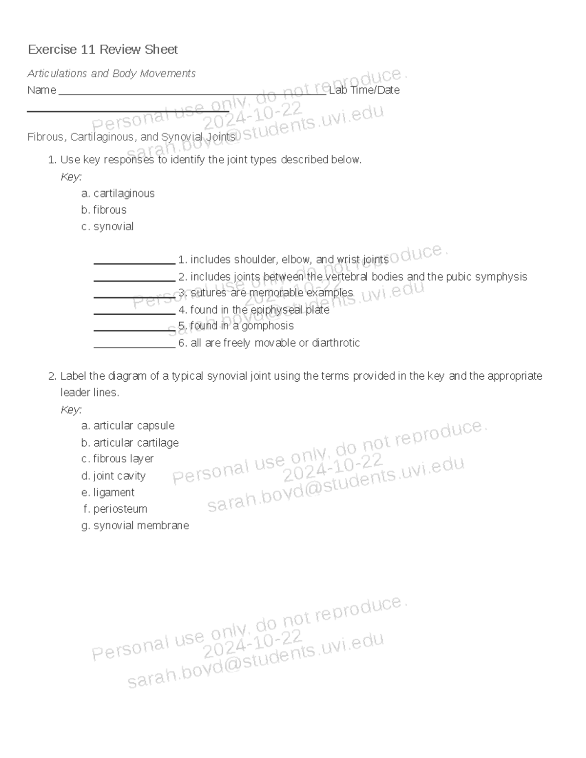 Exercise 11 - Exercise 11 Review Sheet Articulations and Body Movements Name Lab Time/Date ...