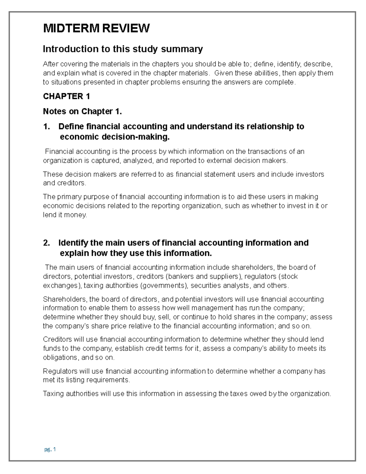 Midterm EXAM Outline BUS-145 - Introduction to this study summary After covering the materials ...