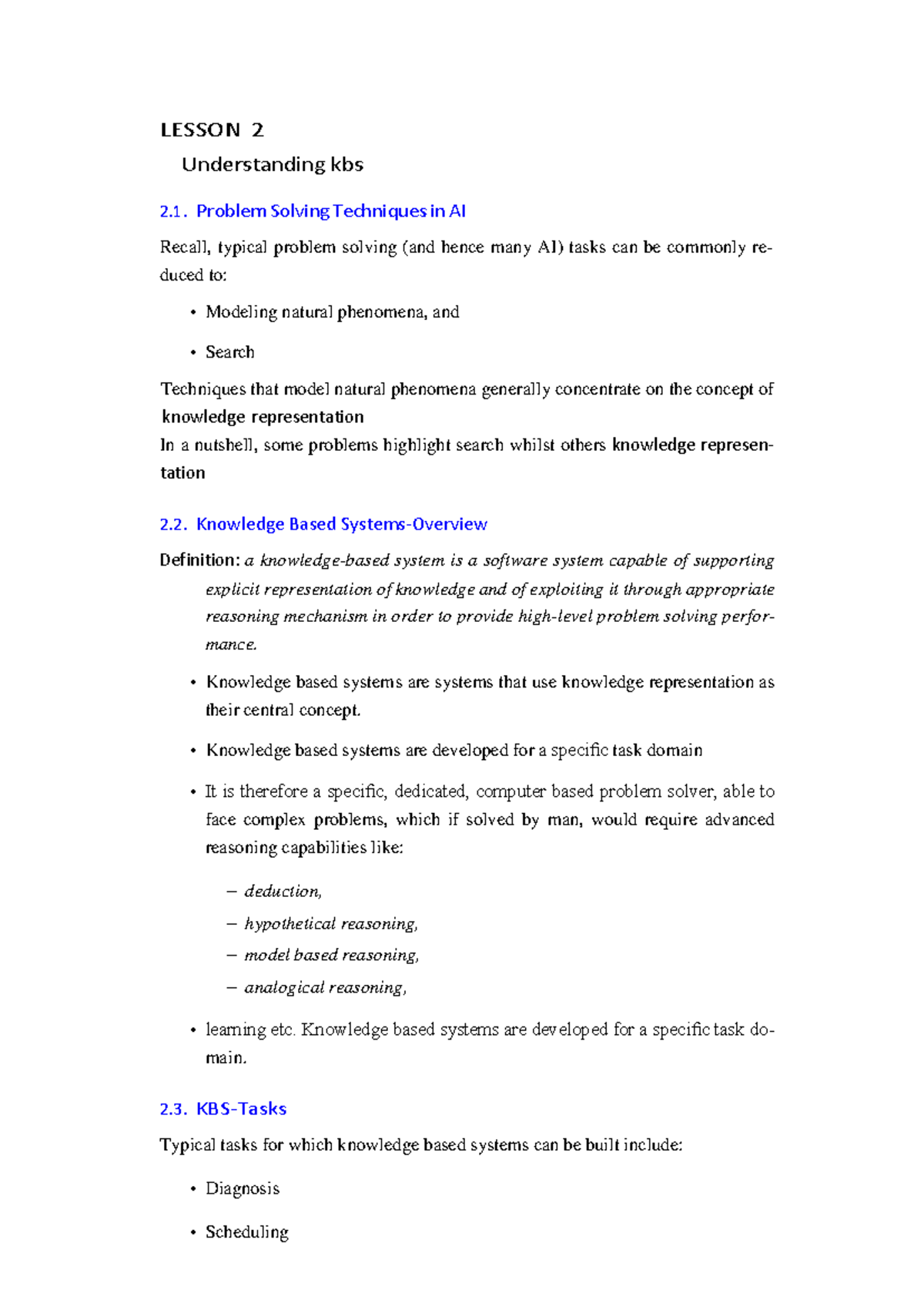 Class 2 kbs - lesson two notes on knowledge based systems - LESSON 2 ...